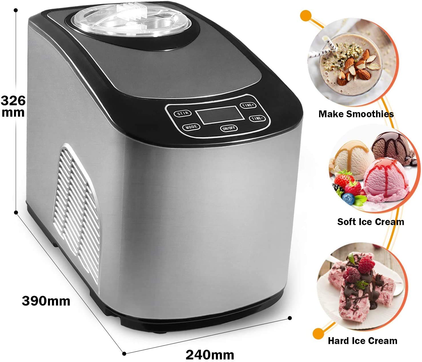 WATOOR Compressor Ice Cream Maker with Ice Cream Scoop, Countdown Timer, LCD Display Screen, A Recipe Booklet, No Pre-freezing, 1.4 Quart, Gray