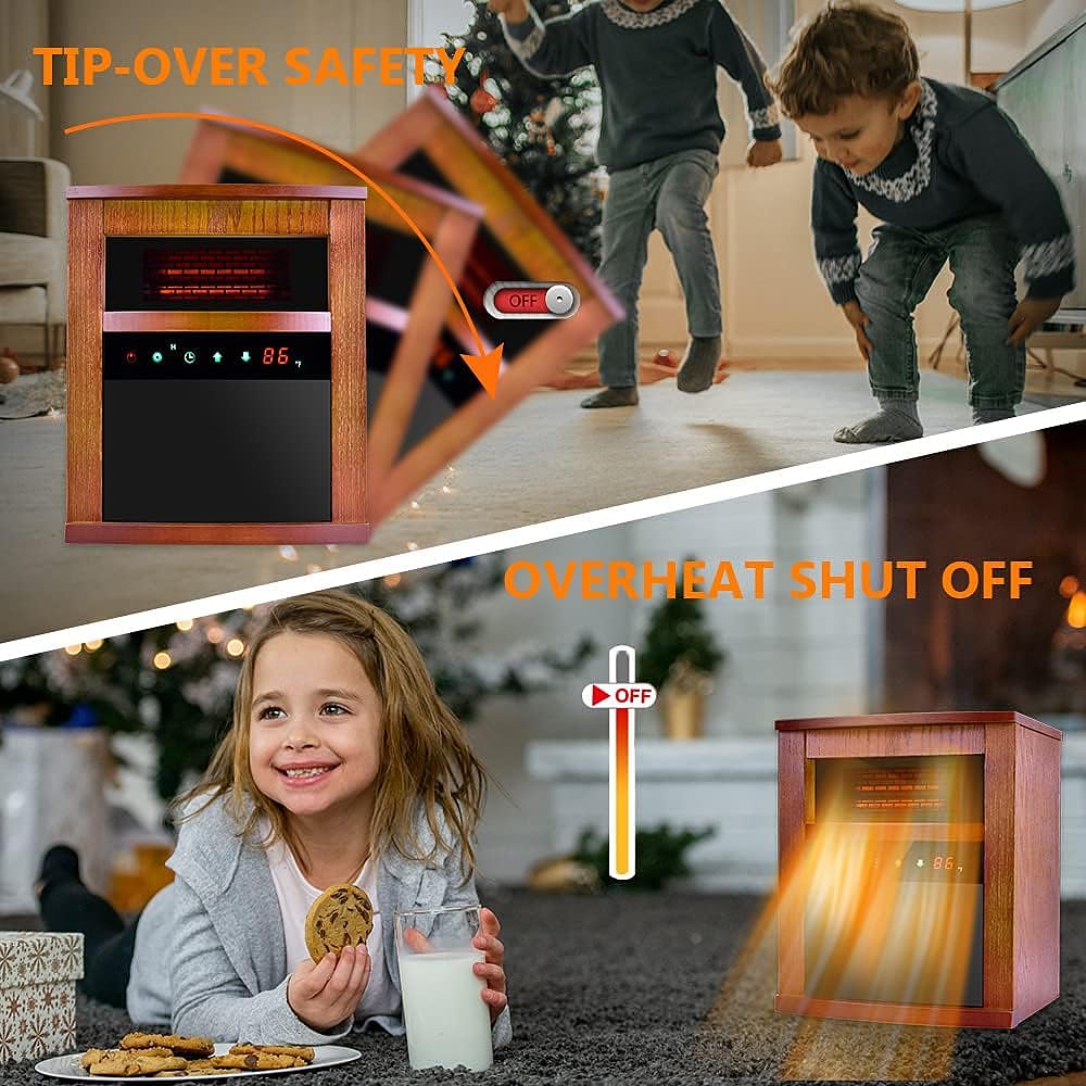 TRUSTECH Electric Space Heaters for Indoor Use, 1500W Infrared Heater with Remote Control, 3 Mode, 12h Timer, Small Portable Heater with Overheat & Tip-Over Protection, Room Heater for Bedroom, Office