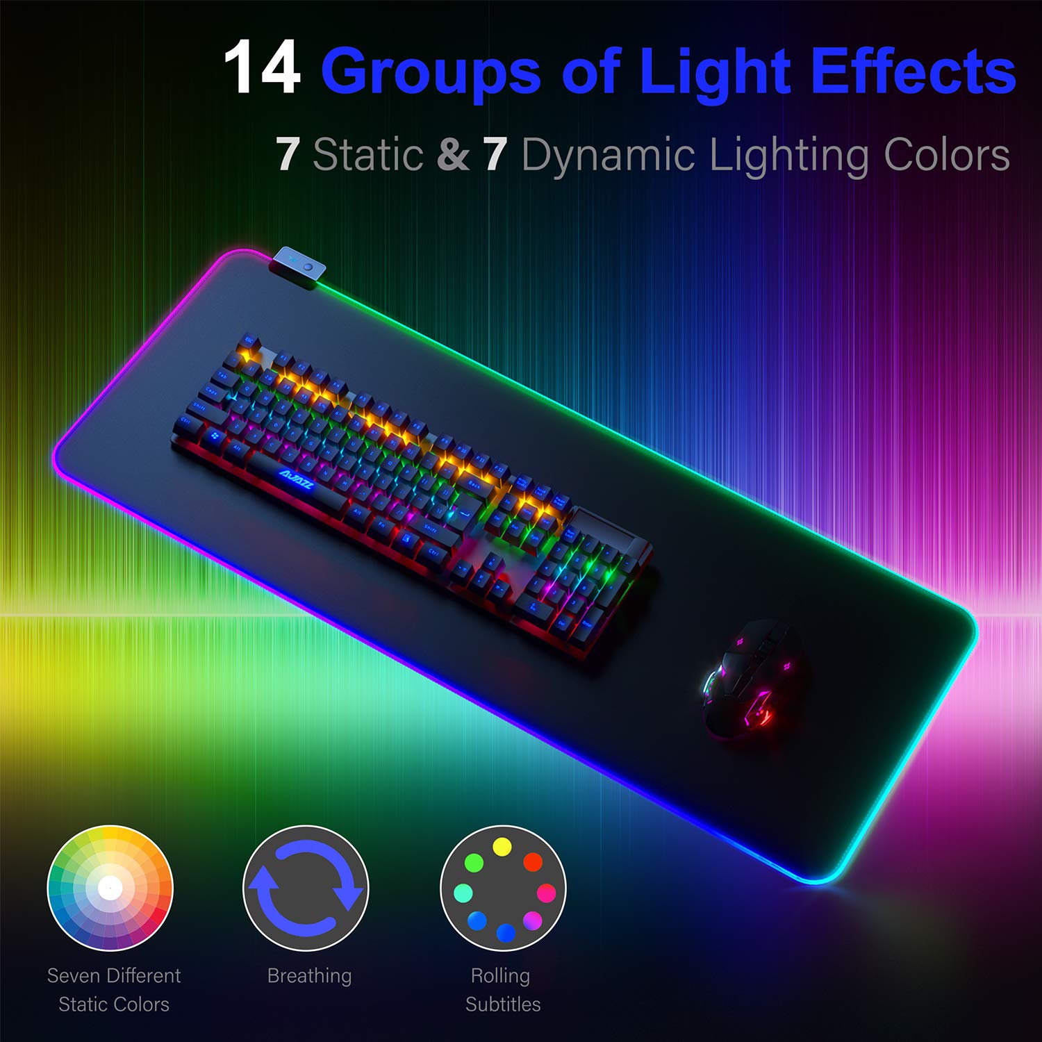 YunNing Large RGB Gaming Mouse Pad,extended Keyboard Pad,with 14 Cool LED lighting effects,Excellent waterproof fabric and Soft and stable non-slip thick natural rubber base,Large size31.5×11.8×0.15in
