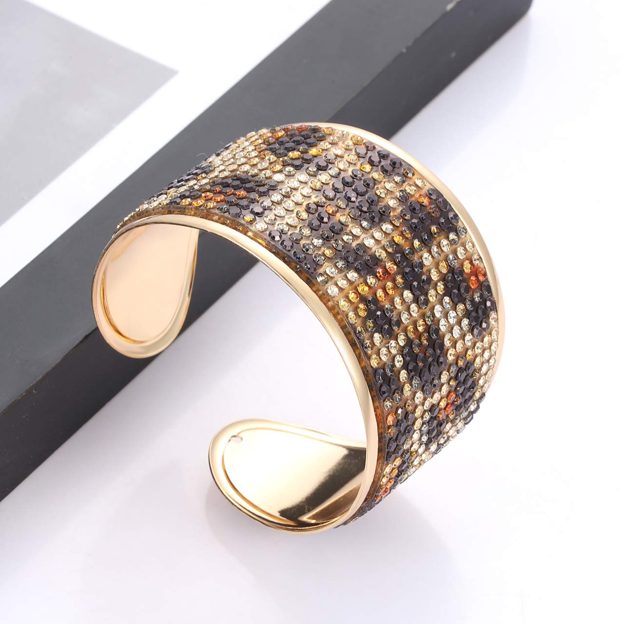 ZITULRY Diamond Rhinestone Cuff Bracelet for Women Leopard Print Gems Wide Open Bangle Bracelet (Crystal Cuff)