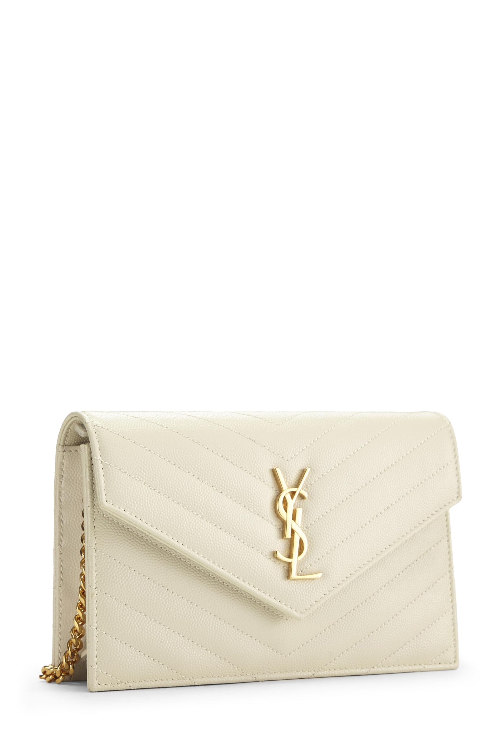 Yves Saint Laurent, Pre-Loved White Grained Calfskin Envelope Wallet-On-Chain (WOC), White