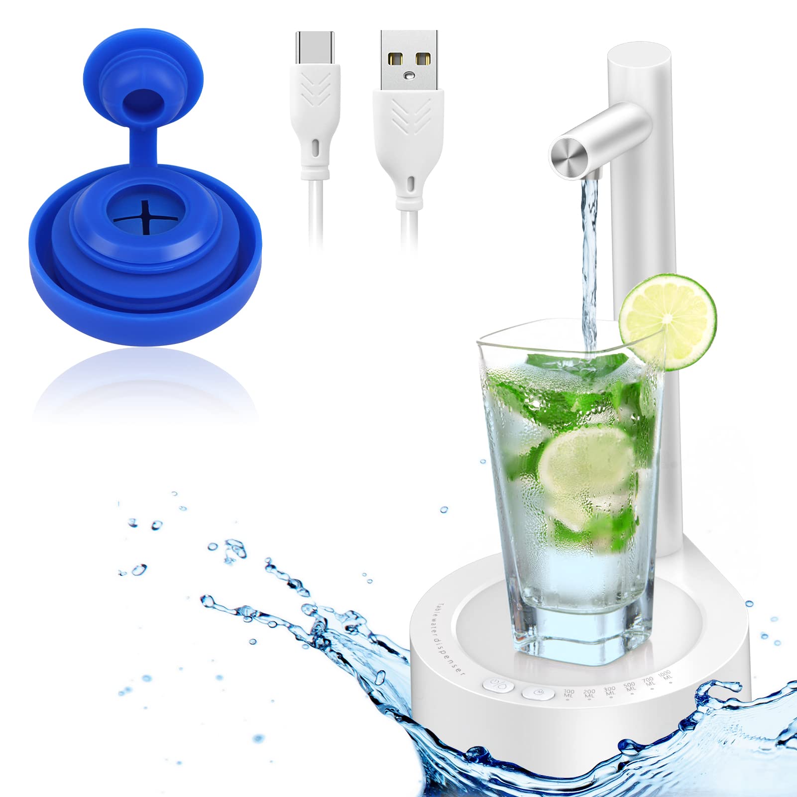 Water Dispenser Countertop for 5 Gallon Bottle, Smart Table Top Water Dispenser with 7 Levels Pumping, Bedside Water Dispenser, Rechargeable Portable Mini Desktop Water Pump with Cap