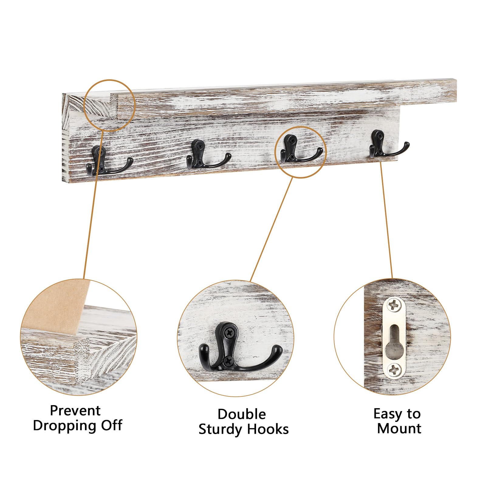 Wall Coat Rack with Hooks Wall Mounted Coat Rack with Hooks Set of 2 Farmhouse Coat Key Hooks with Storage Shelf Hanging Shelves for Entryway Bedroom Bathroom Living Room, Rustic White
