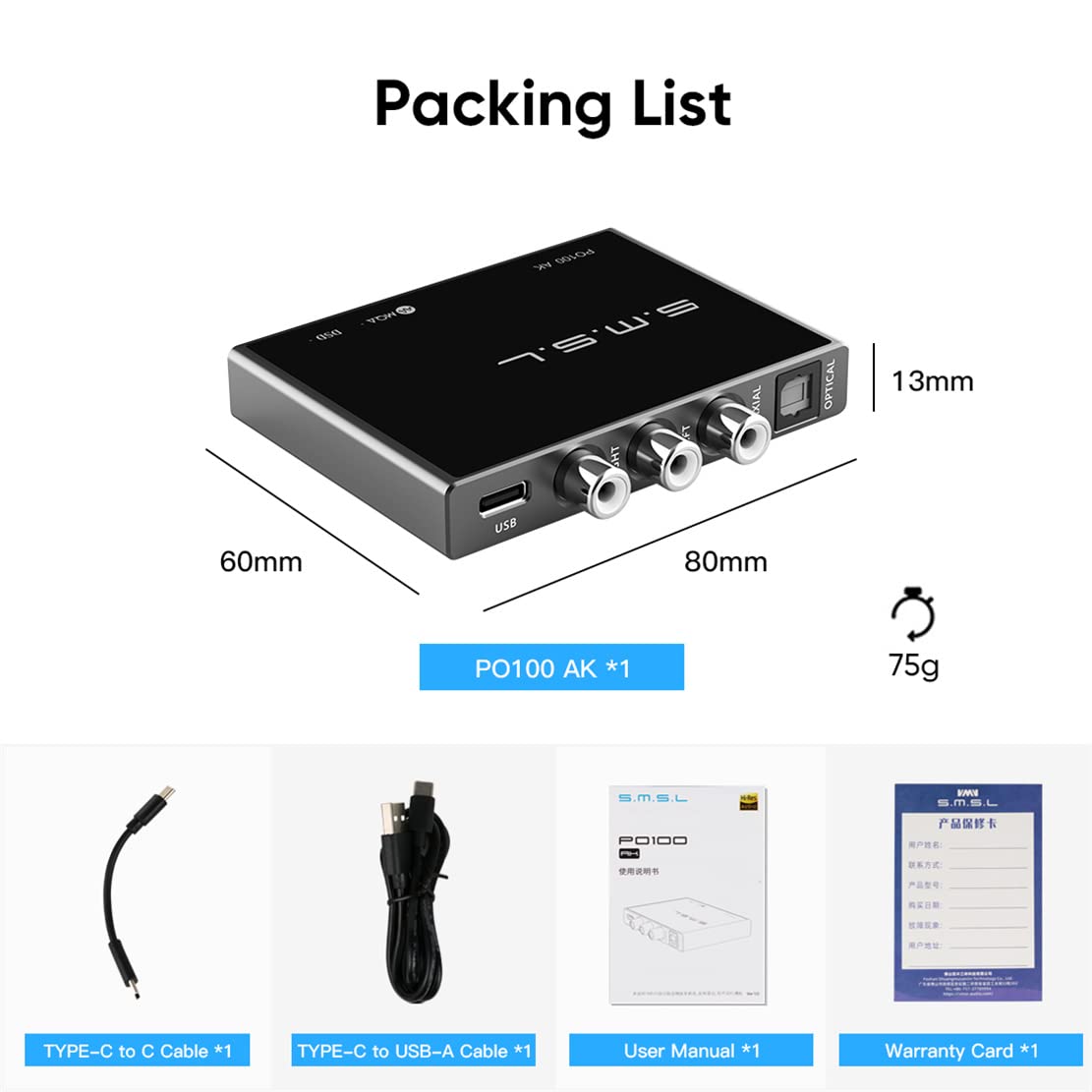 SMSL PO100AK Digital Analog Converters AK4493S XMOS XU316 Type-C USB to RCA/Optical/Coaxial Output 32bit/768kHz HiFi Signal Converters USB Digital Interface MQA Decoding (Black)