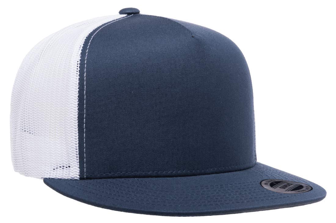 Your Logo Embroidered On Yupoong 6006 Flatbill Trucker Snapback Hat Custom Logo (Navy/White)