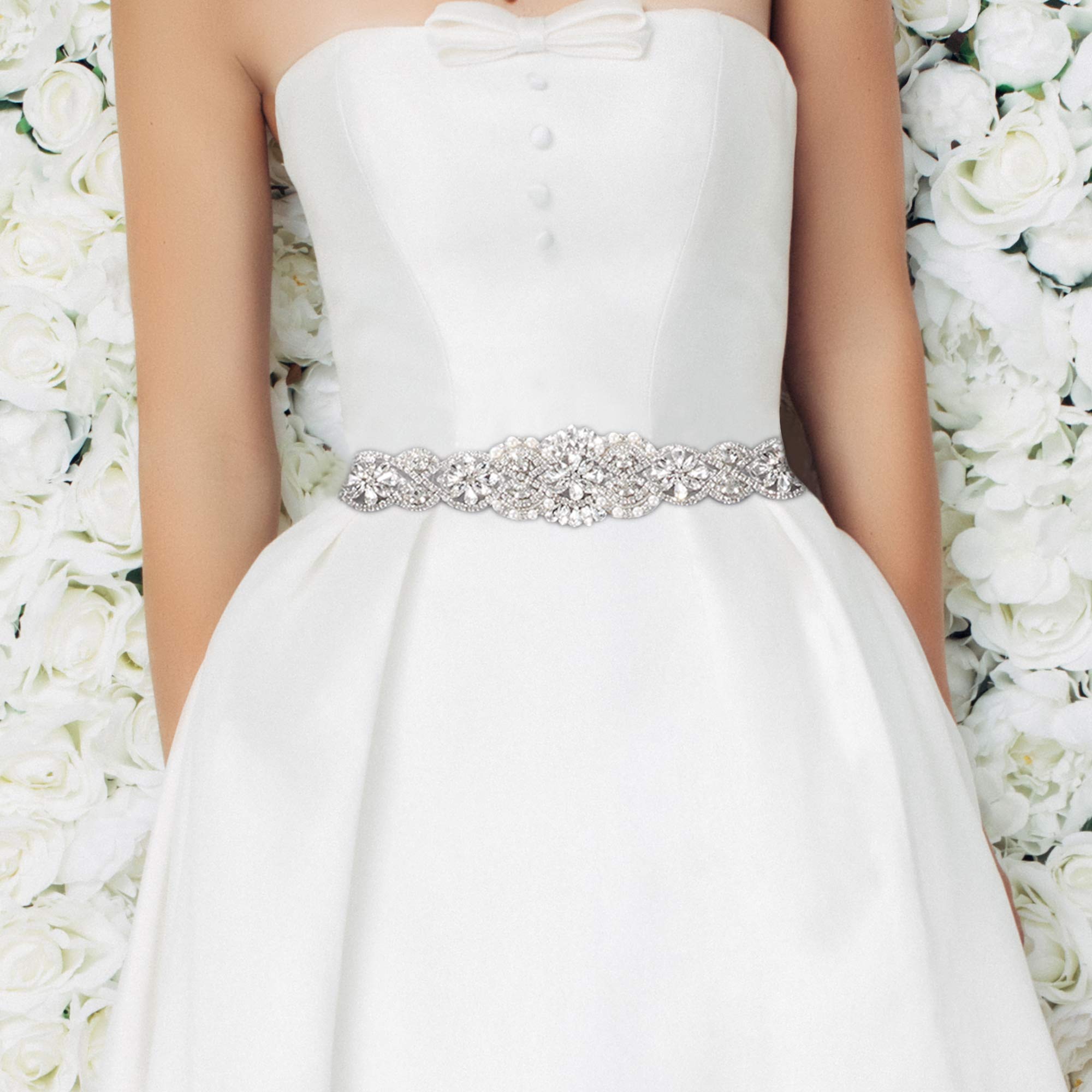 yanstar Bridal Rhinestone Wedding Belts Hand Clear Crystal 22In Length with Ivory Organza Ribbon for Bridal Gowns