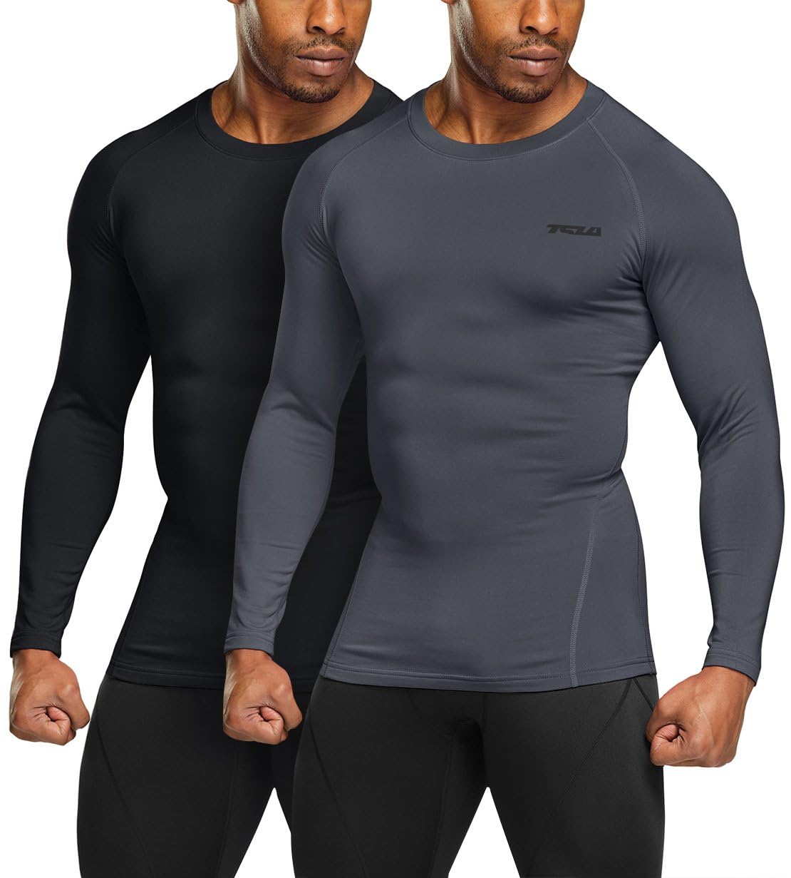 TSLA Men's Thermal Long Sleeve Compression Shirts, Athletic Base Layer Top, Winter Gear Running T-Shirt, Heat Core 2pack Black/Charcoal, Medium