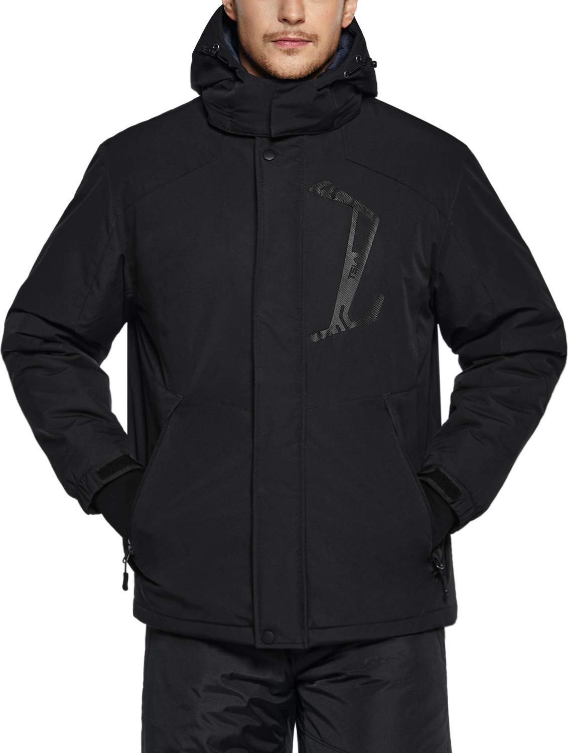 TSLA Men's Winter Ski Jacket, Waterproof Warm Insulated Snow Coats, Cold Weather Windproof Snowboard Jacket with Hood, Multipocket Ski Jacket Black, X-Large