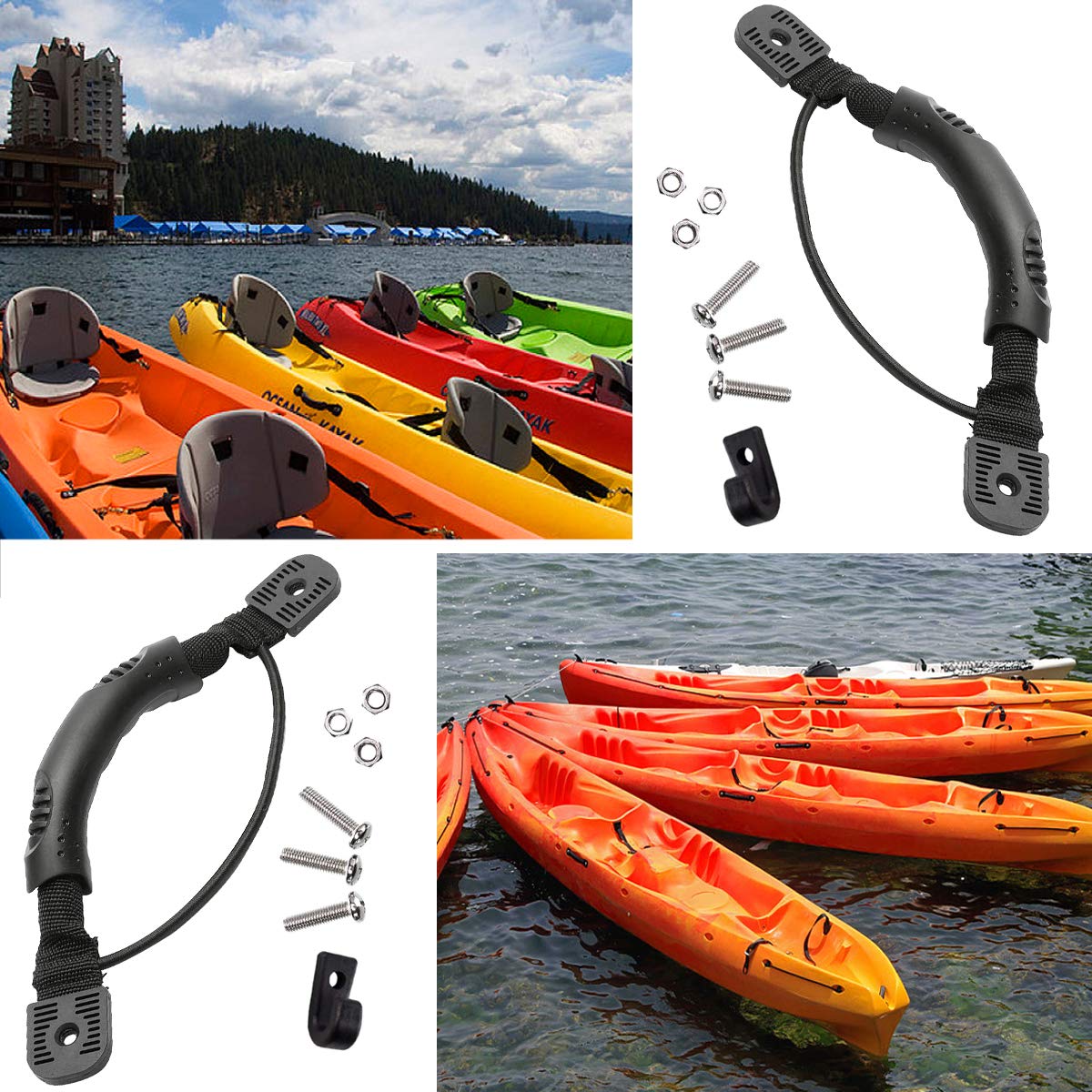 YXGOOD 4 Pcs Kayaks Canoe Boat Side Mount Carry Handle J Hook Kayak Handle Carry Handles Mount Paddle with Screws and Bungee Cord (4)