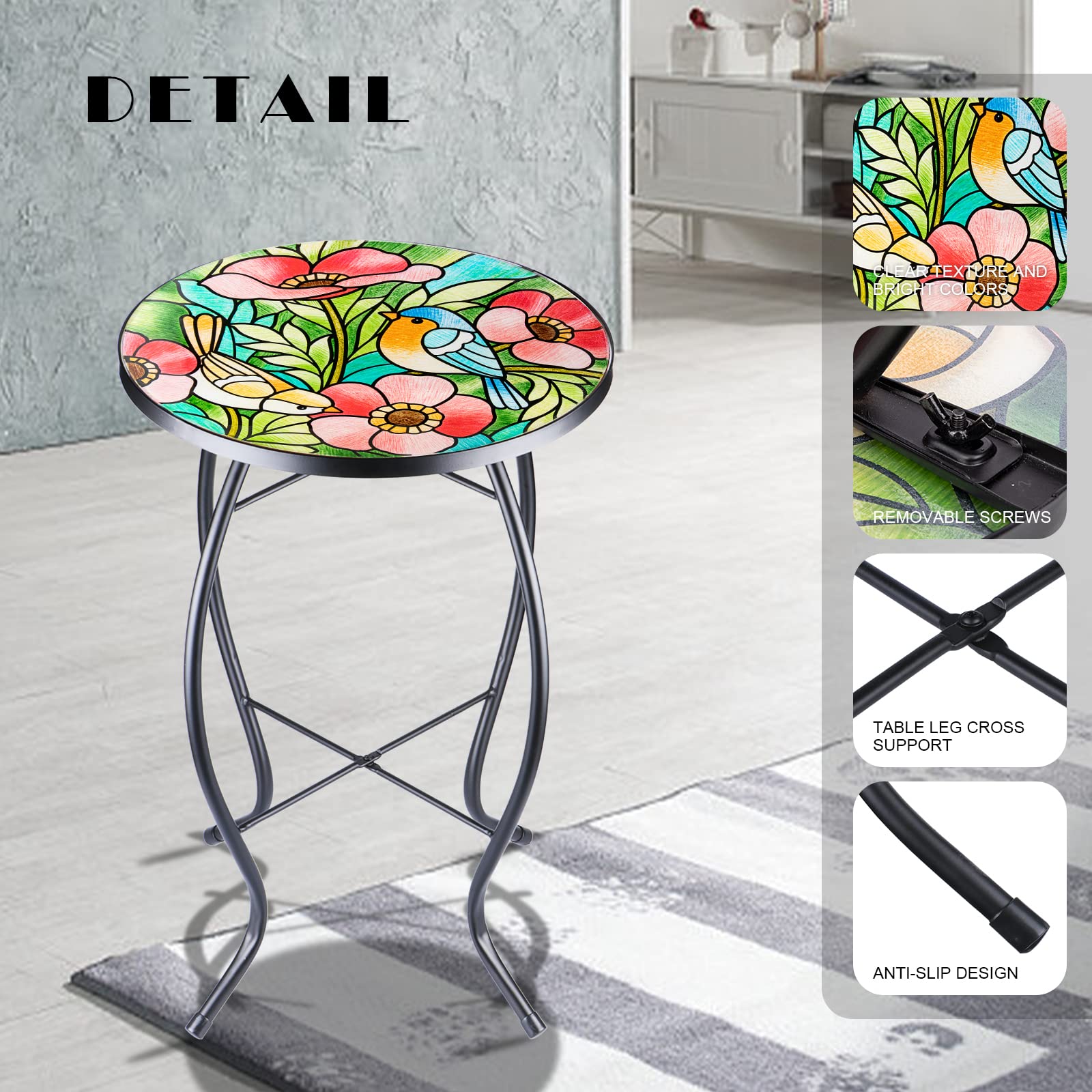 VCUTEKA Patio Side Table Outdoor Accent Table Bistro Coffee Table Plant End Table Small Porch Table Indoor Round Glass Balcony Plant Table Stands