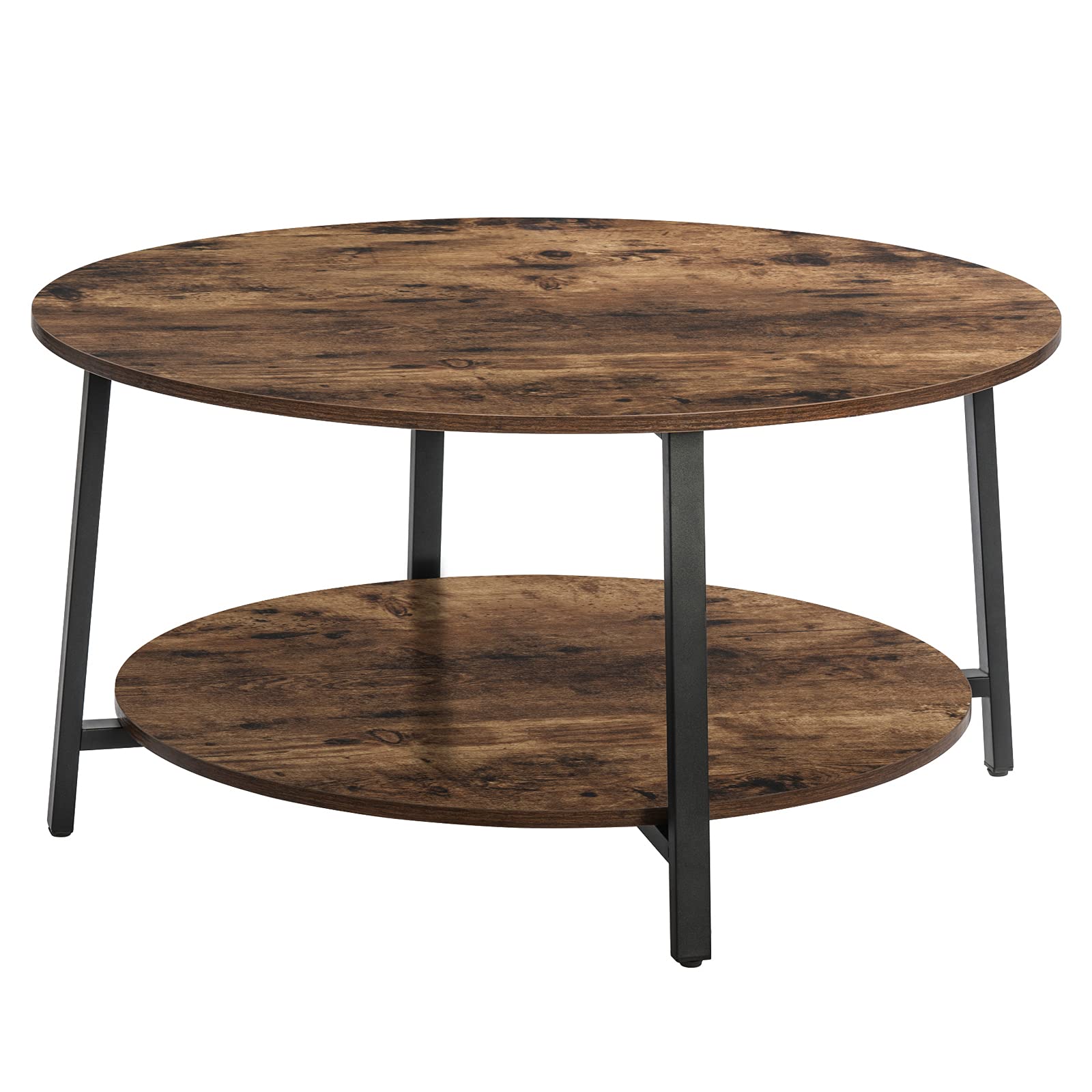 Snughome 35.4’’ Round Coffee Table, 2-Tier Industrial Design Furniture Sofa Table with Storage Open Shelf and Sturdy Metal Legs for Living Room, Wooden Surface Tabletop & Rounded Edges, Rustic Brown