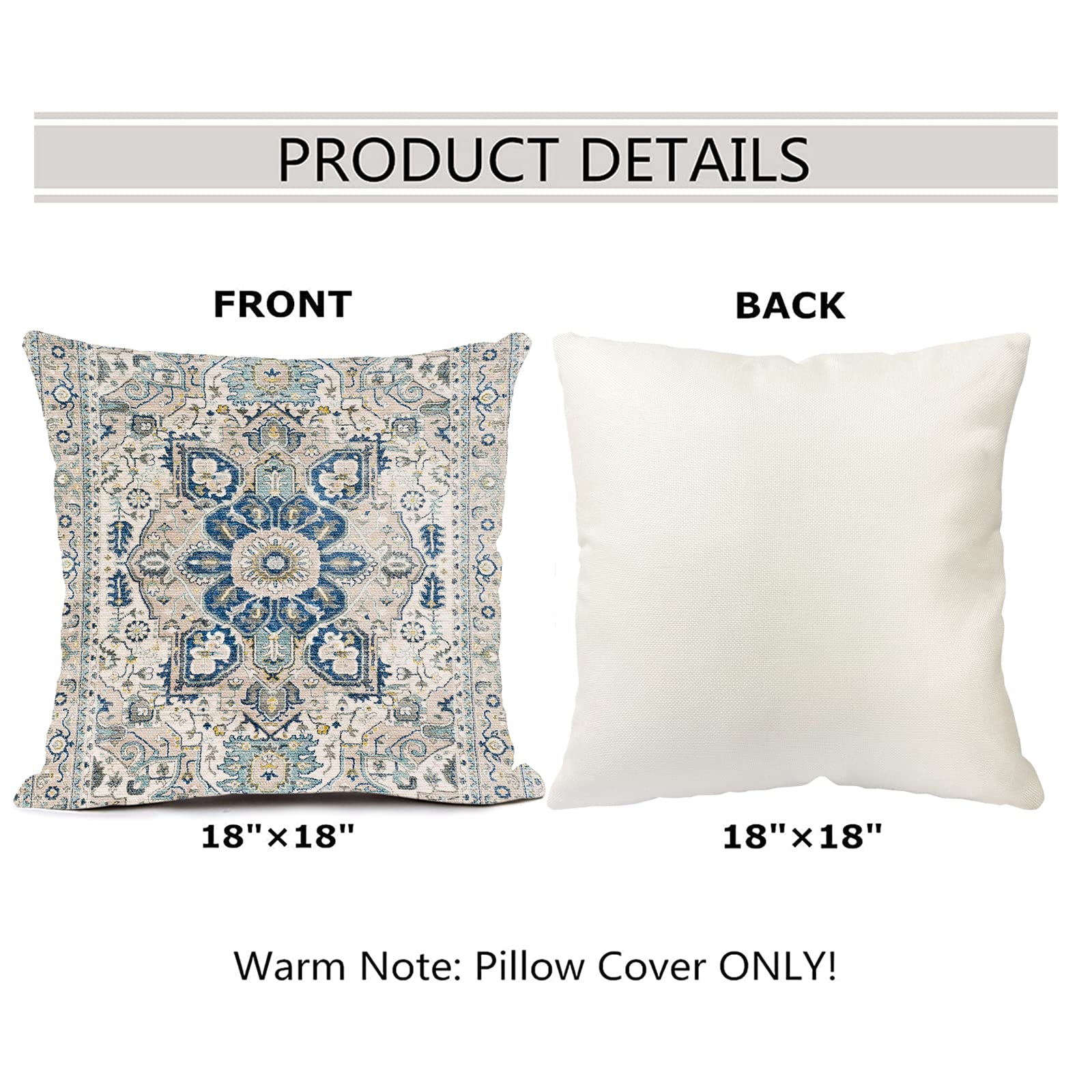 Snycler Blue Boho Style Throw Pillow Cover Ethnic Design Pattern Linen Persian Carpet Tribal Pattern Throw Pillow Case 18x18 inch Cushion Cover Home Office Decorative Square