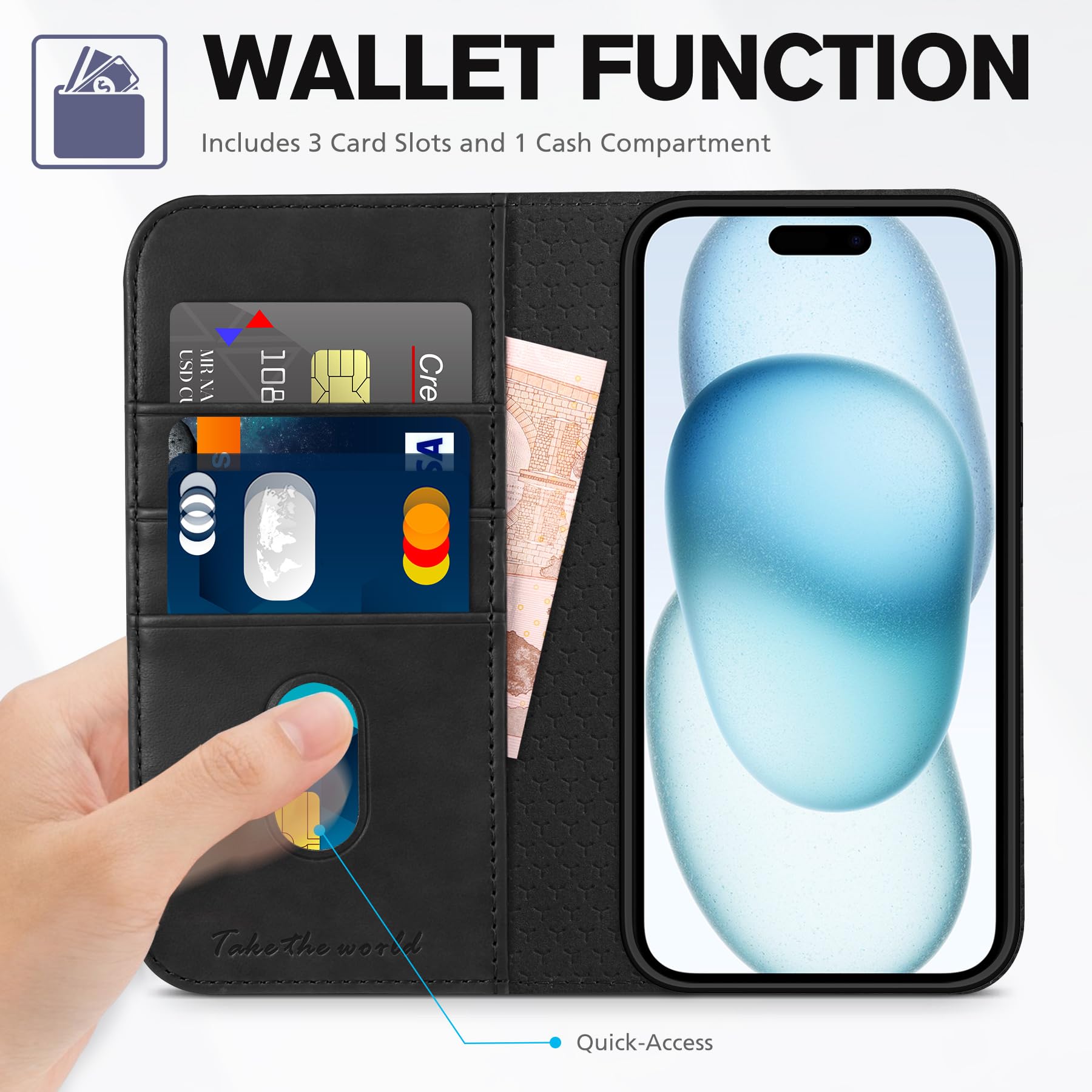 TUCCH Case Wallet Compatible with iPhone 15 Plus, Kickstand Flip Folio [RFID Blocking] [3 Card Slot] PU Leather Cover [Protective TPU Interior Case] for iPhone 15 Plus 6.7 Inch, Classic Black