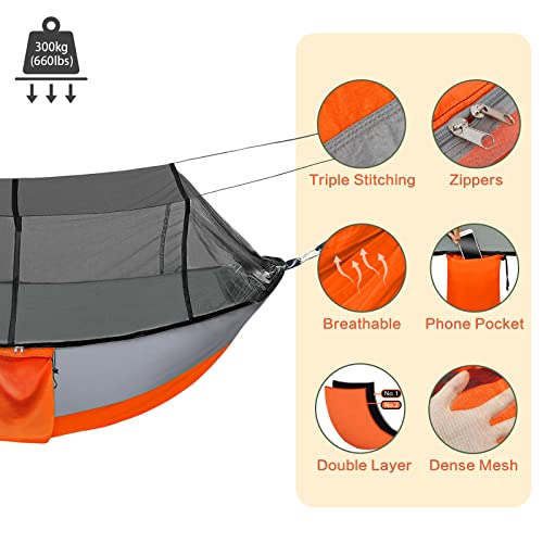 Sotech Camping Hammock with Bug Net and Rainfly, Waterproof Tree Hammock Tent 2 Person, Portable Hammock Set with Tree Straps for Indoor, Outdoor Hiking, Travel, Backpacking, Max Load 660lbs, Orange