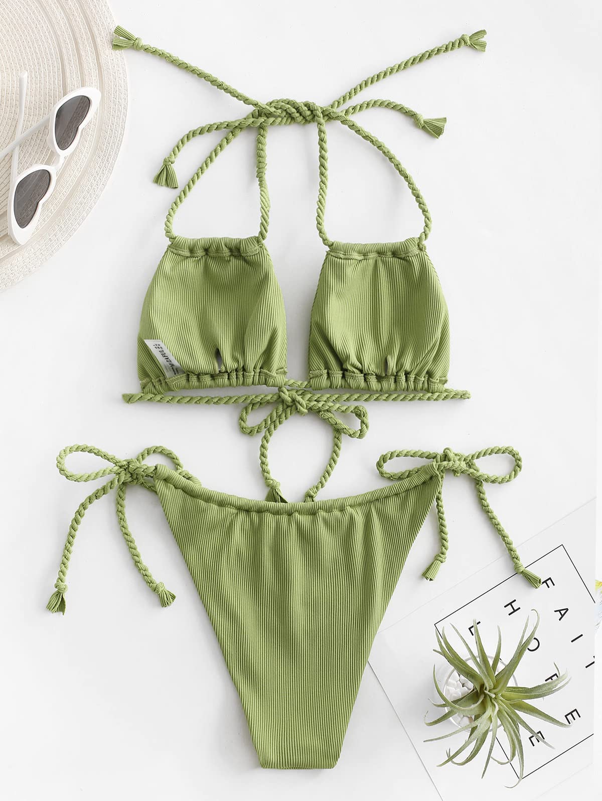 ZAFUL Ribbed Sexy Halter Bikini for Women Multi Way Bikini Sets Tie Side High Cut Two Piece Swimsuit Green M