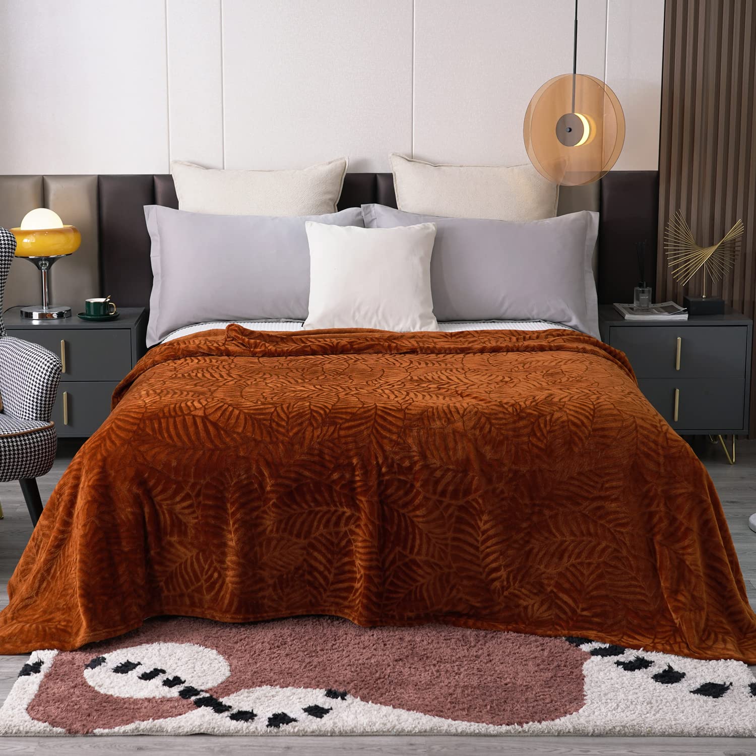 SOCHOW Super Soft Flannel Fleece Throw Blanket, Lightweight Cozy Warm Leaves Textured Plush Blanket for Bed Couch Sofa, 50 x 60 Inches, Caramel