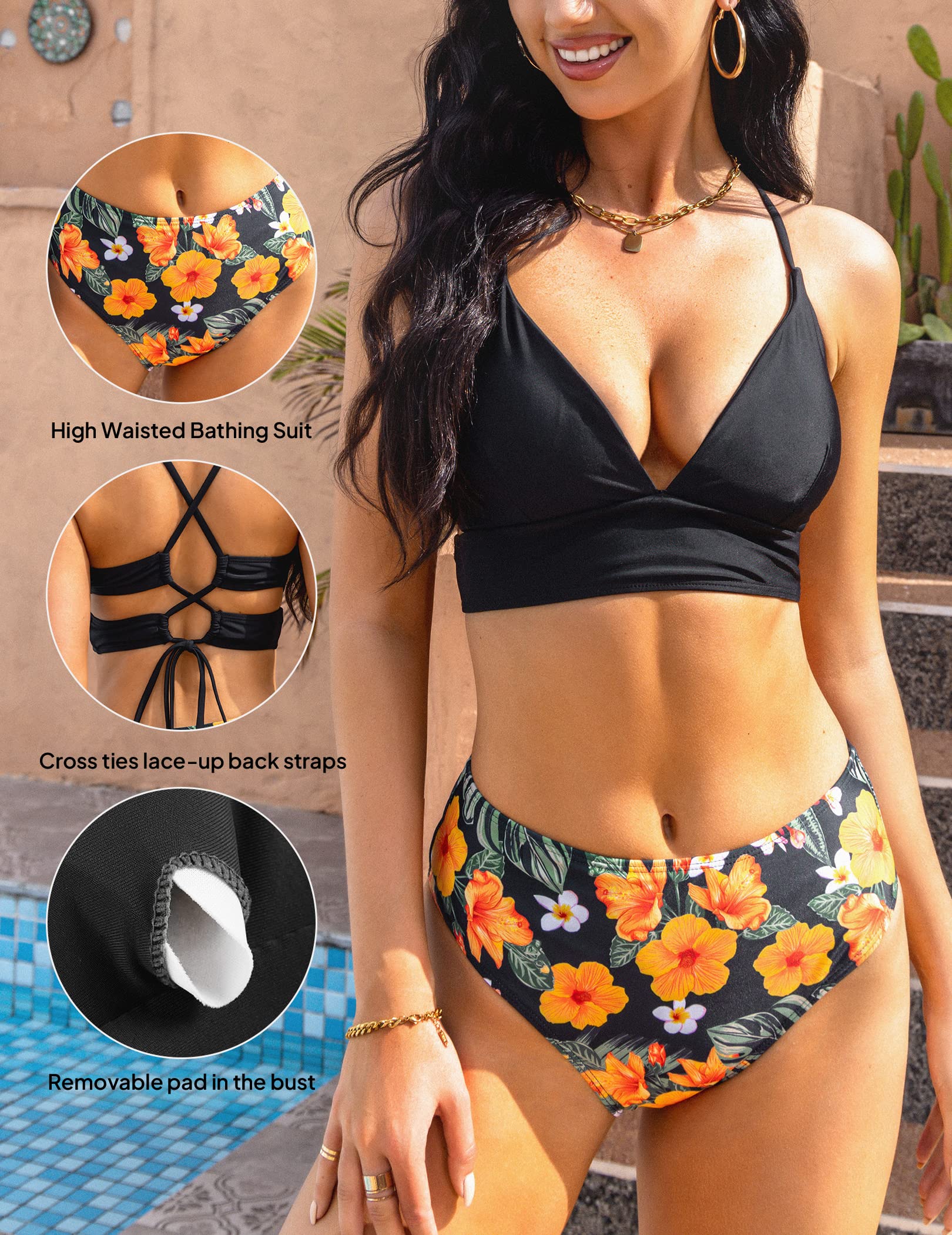 ZAFUL Women's Sexy Bikini Sets High Waisted Two Piece Bathing Suit Criss Cross Straps Floral Print Swimsuit (Black S)