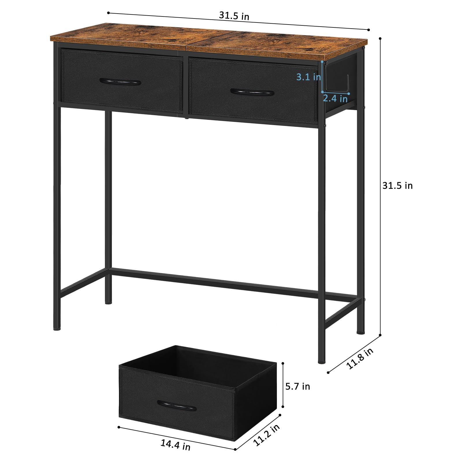YBING Small Entryway Table, Narrow Console Table with Drawers, Sofa Table with Hook, Narrow Hallway Table for Living Room, Bedroom, Couch, Foyer, Industrial, Brown and Black