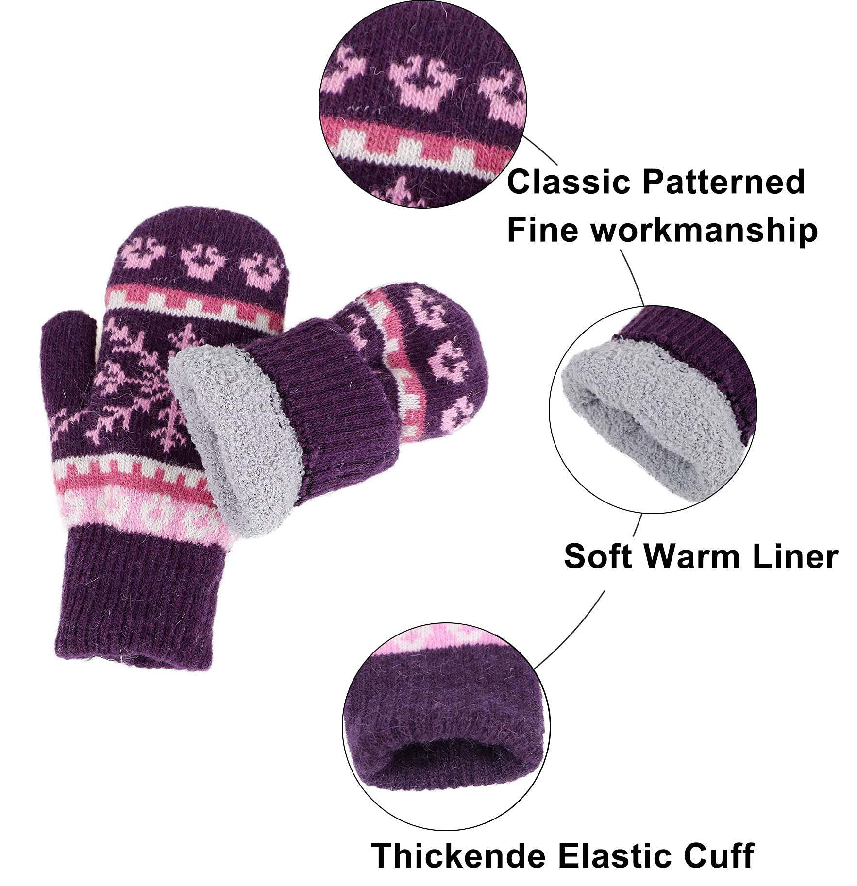 Verabella Womens Mittens Cold WeatherFair Isle Knit Sherpa Lined Winter Mittens,2 Pairs,L Grey/Purple
