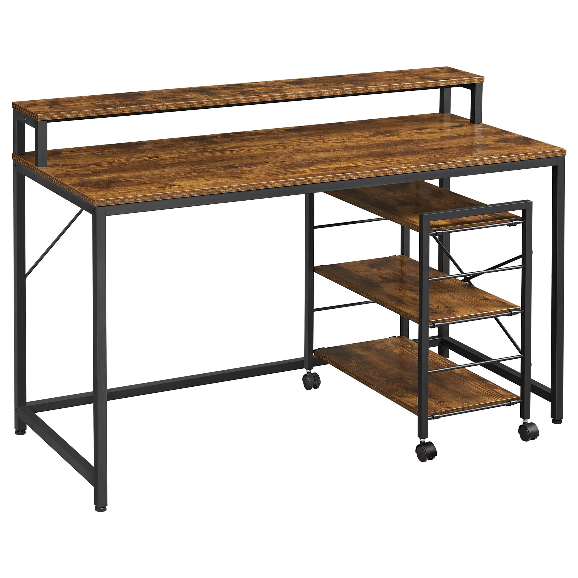 VASAGLE Computer Desk with Large Monitor Stand Rolling Cart, Writing Study Desk with Storage Shelves, Industrial, for Home Office, Rustic Brown and Black ULWD061B01