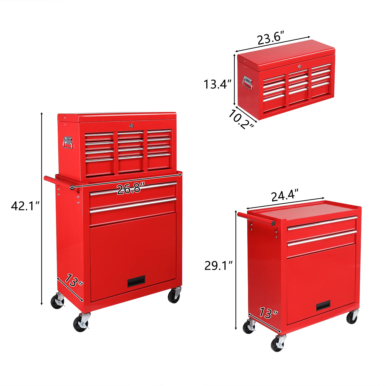 TUFFIOM 8-Drawer Rolling Tool Chest w/Lock & Key, Tool Storage Cabinet w/Wheels, Detachable Top, Drawers & Side Hooks, Mechanic Tool Organizer Box for Garage Warehouse Repair Shop, Red
