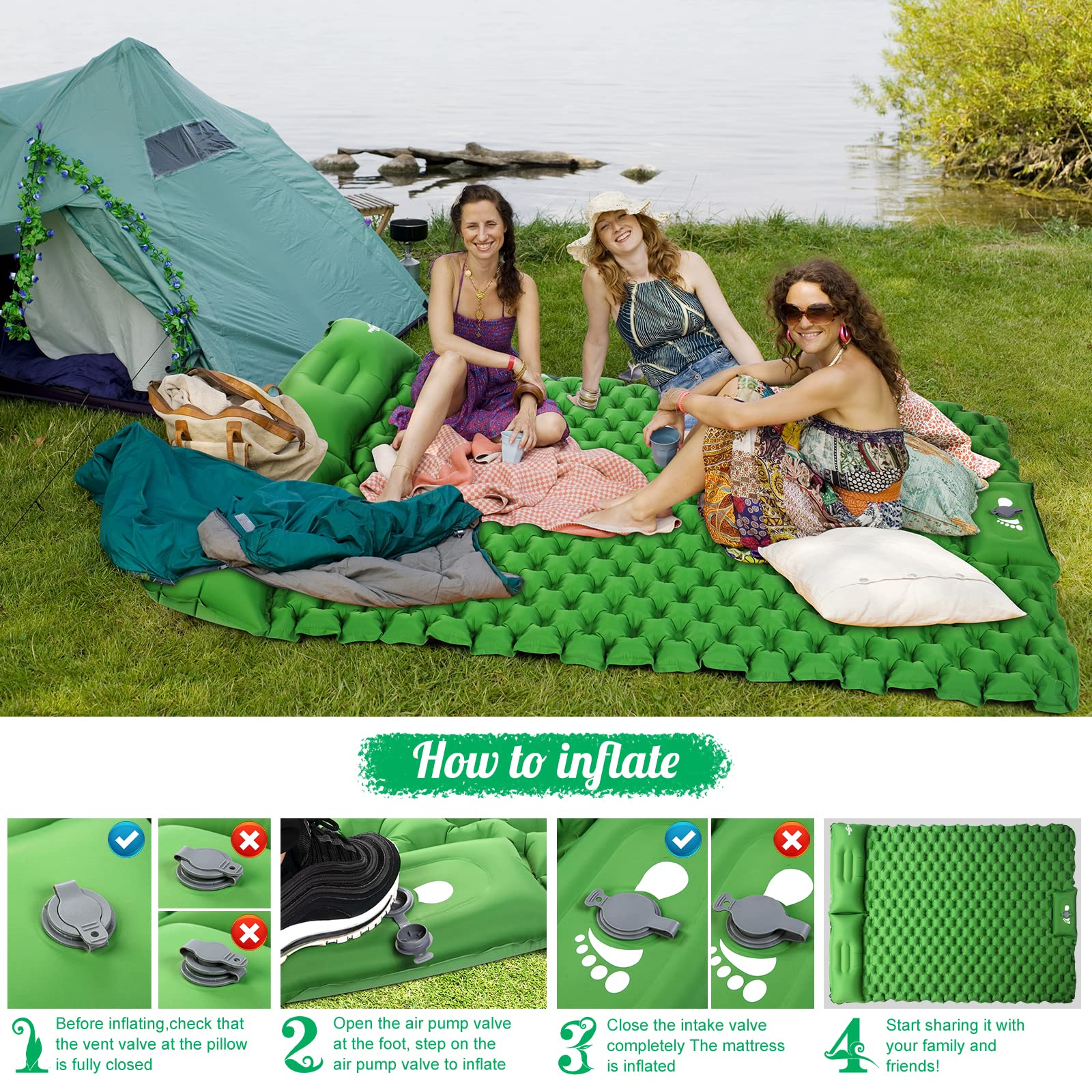 WANNTS Double Sleeping Pad, Ultralight Inflatable Sleeping Pad for Camping, Built-in Pillow, Ultimate for Camping, Hiking - Airpad, Carry Bag, Repair Kit - Compact & Lightweight Camping Pad(Green)