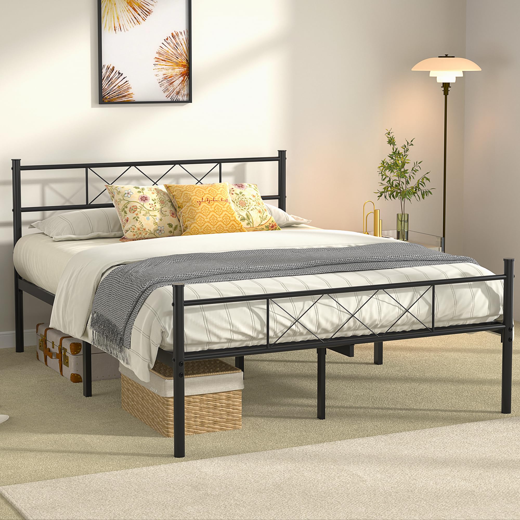 VECELO Queen Size Bed Frame with Headboard, Heavy-Duty Platform/Mattress Foundation with Metal Slats Support, No Box Spring Needed/Easy Assembly, Matte Black