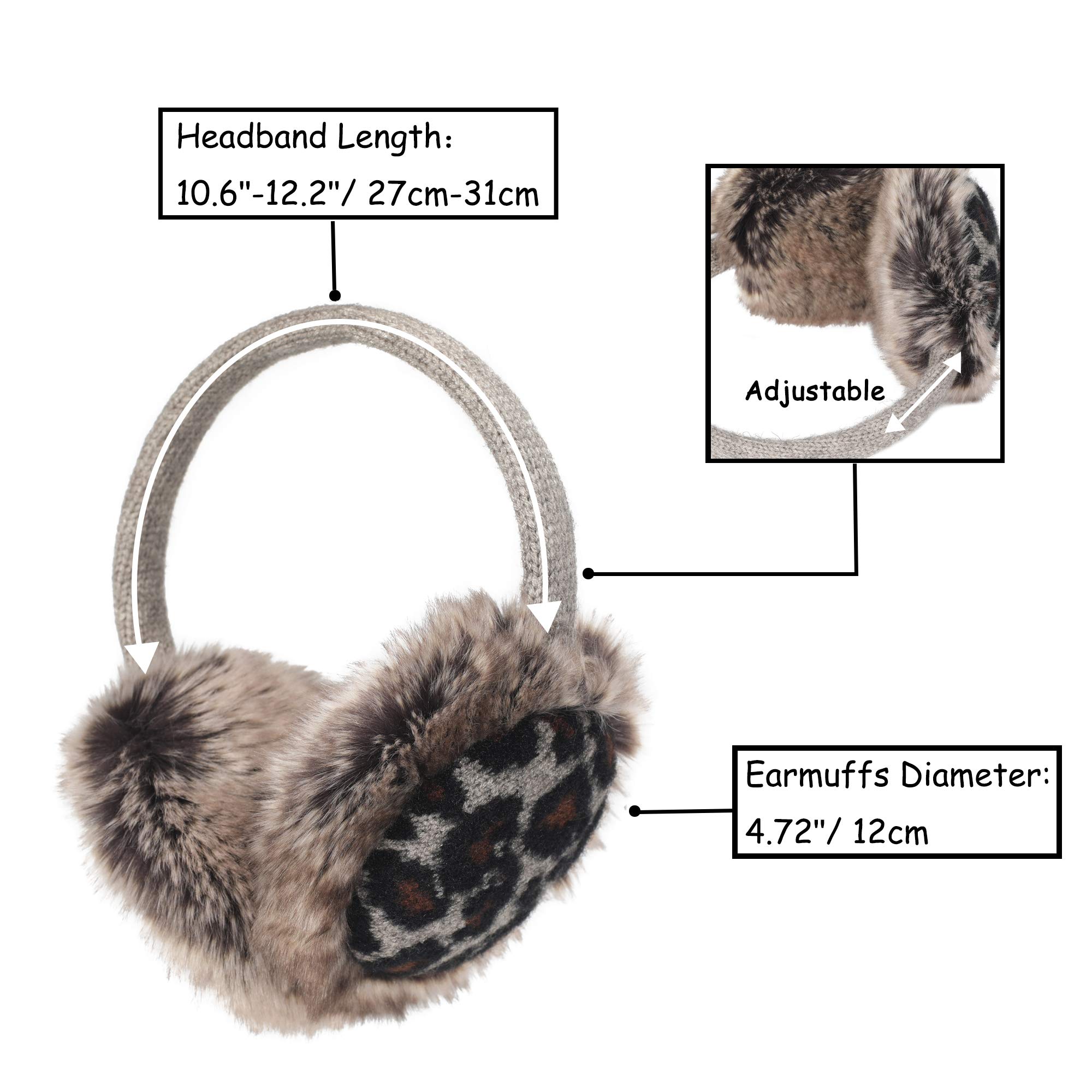 ZLYC Winter Faux Fur Adjustable Earmuffs Cute Knit Fuzzy Ear Muffs for Women Girls (Leopard Gray)