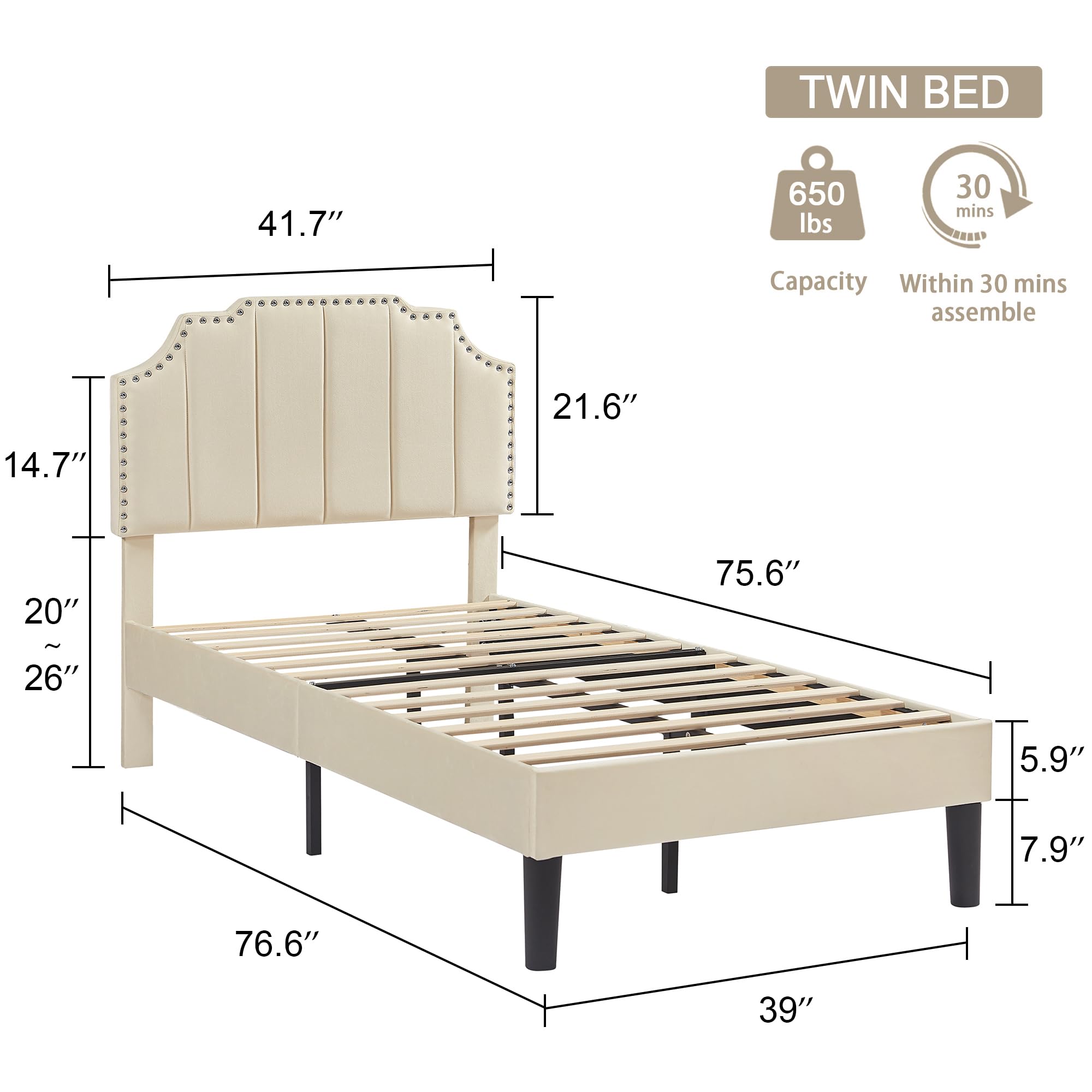 VECELO Twin Size Bed Frame Upholstered Platform with Tufted Adjustable Headboard/Mattress Foundation with Wood Slat Support, Easy Assembly,Honey Beige
