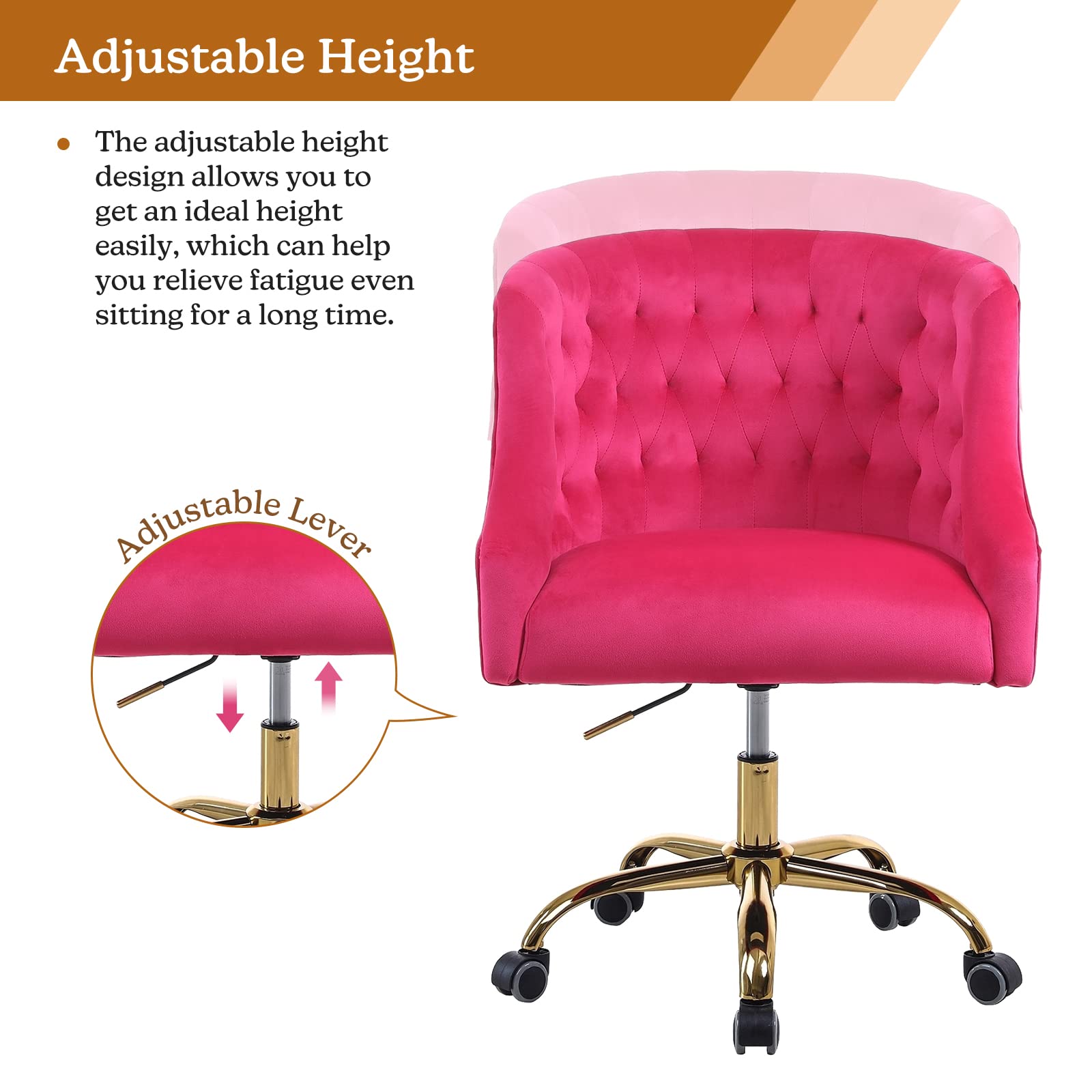 Velvet Home Office Chair with Gold Base, Comfortable Modern Cute Desk Chair, Adjustable Swivel Task Chair for Living Room Bedroom Vanity Study, Fushia