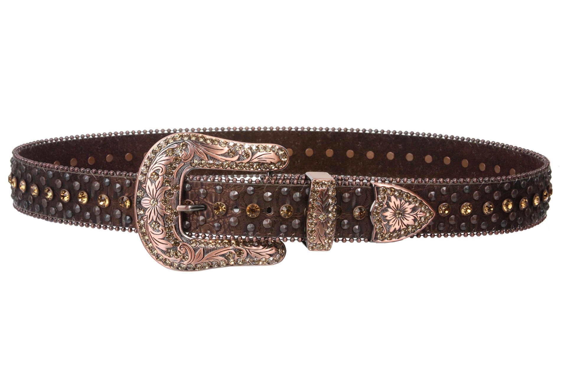 Western Cowgirl Faux Alligator Rhinestone Studded Leather Belt, Brown | 34"