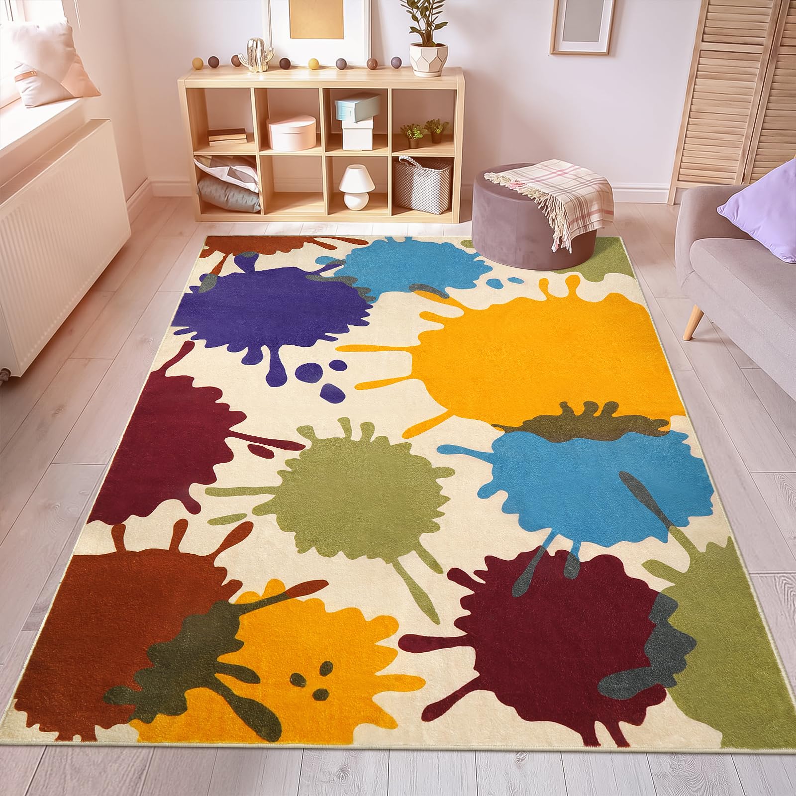 STARUIA Large Area Rug for Living Room, 8'x10' Rainbow Kids Rug for Classroom, Colorful Art Washable Rug for Bedroom, Non-Slip Ink Splotch Nursery Rug Soft Modern Living Room Carpet for Dorm School