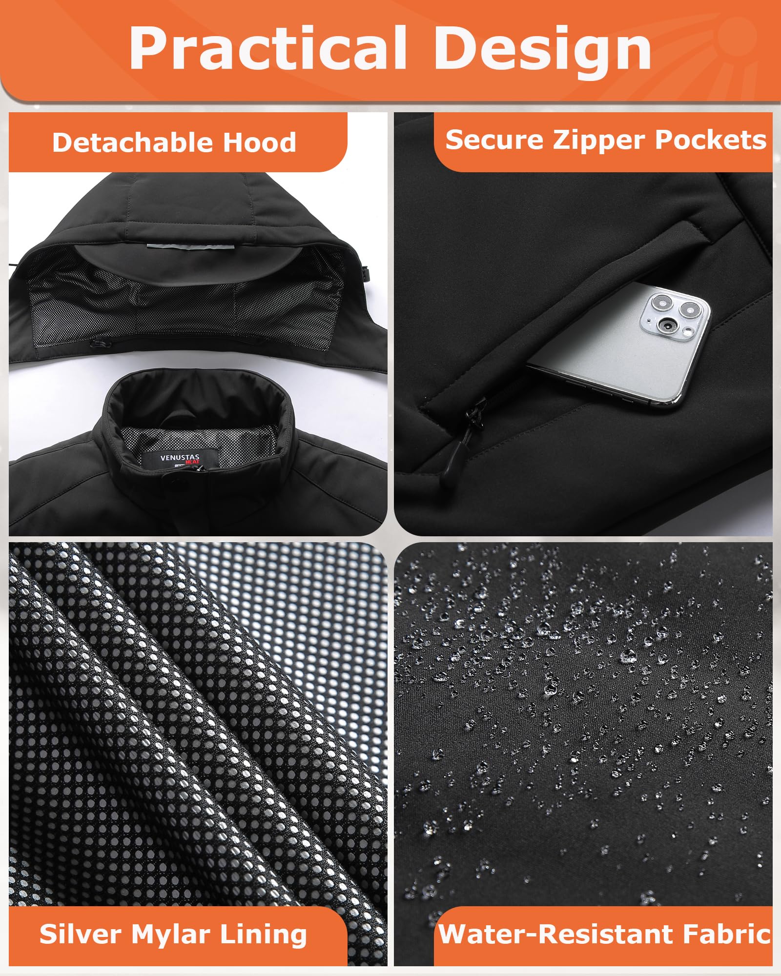 Venustas Women's Heated Jacket with Battery Pack 7.4V, Windproof Electric Insulated Coat with Detachable Hood Slim Fit