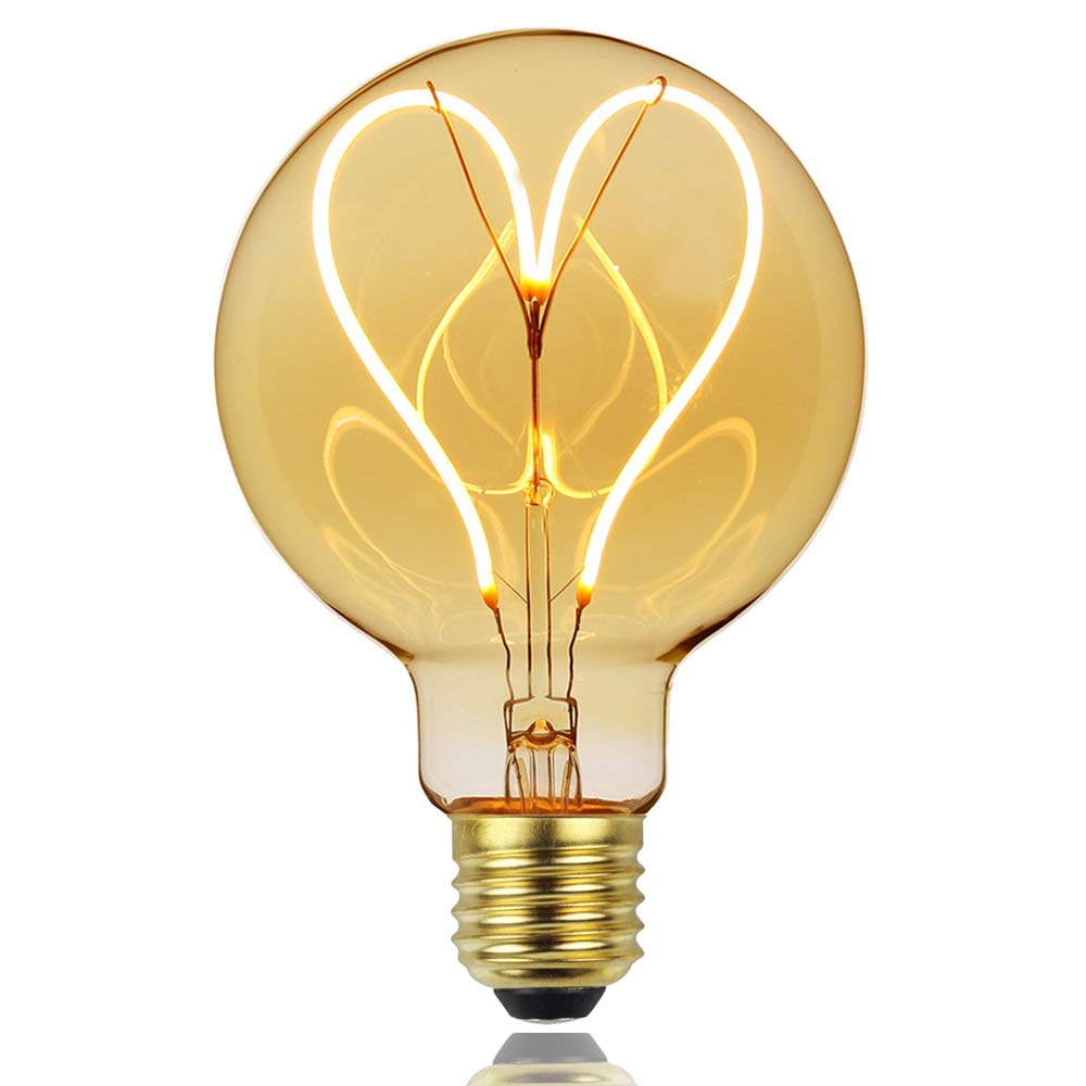 Tuneucle Led Dimmable Hearts Edison Bulb 4W 110V Antique Style Edison Light Bulbs,2000K Warm White (Amber Gold Glass), LED Vintage Light Bulb Fixtures,G95, E26 E27 Base