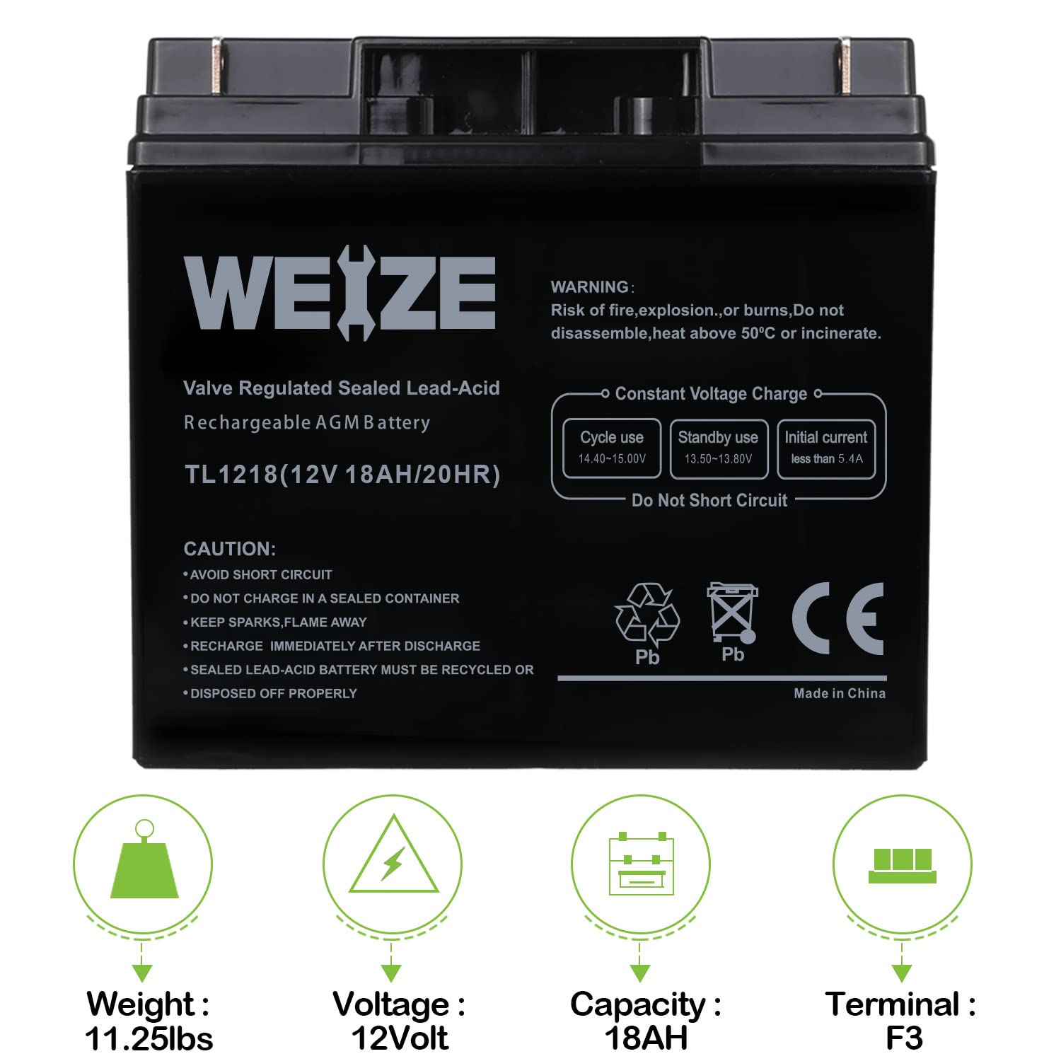 WEIZE 12V 18AH Battery with Nut and Bolt (NB) Terminal, Sealed Lead Acid Rechargeable SLA AGM Batteries Replaces UB12180 FM12180 6fm18