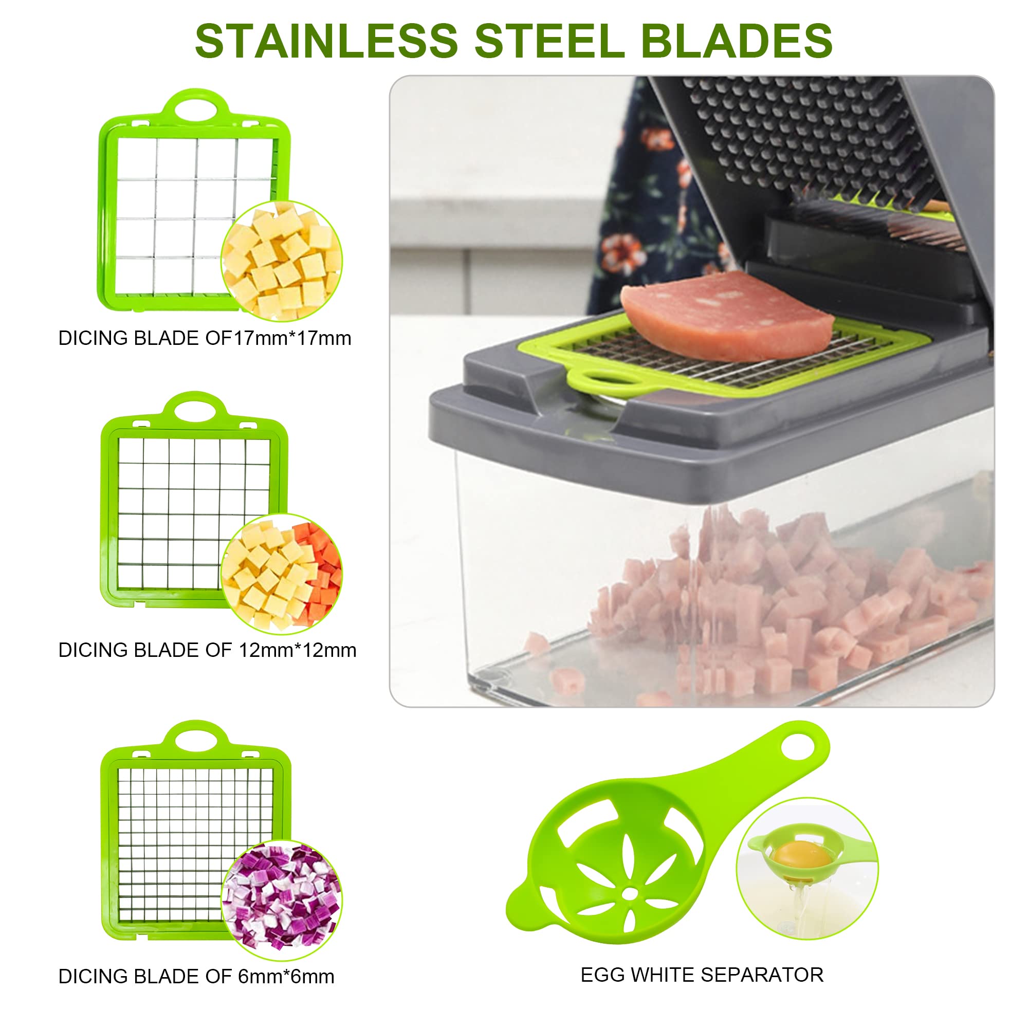 Vegetable Chopper 16 in 1, 9 Blade Veggie Food Chopper with Container 1.2L, Slicer Dicer Cutter with Self-Cleaning Button for Kitchen Onion Garlic Potato Salad