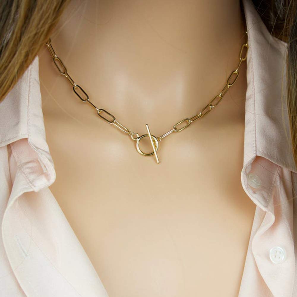Turandoss Gold Paperclip Chain Necklace, 14K Gold Plated Toggle Clasp Simple Dainty Link Chain Necklace Gold Handmade Choker Oval Link for Women