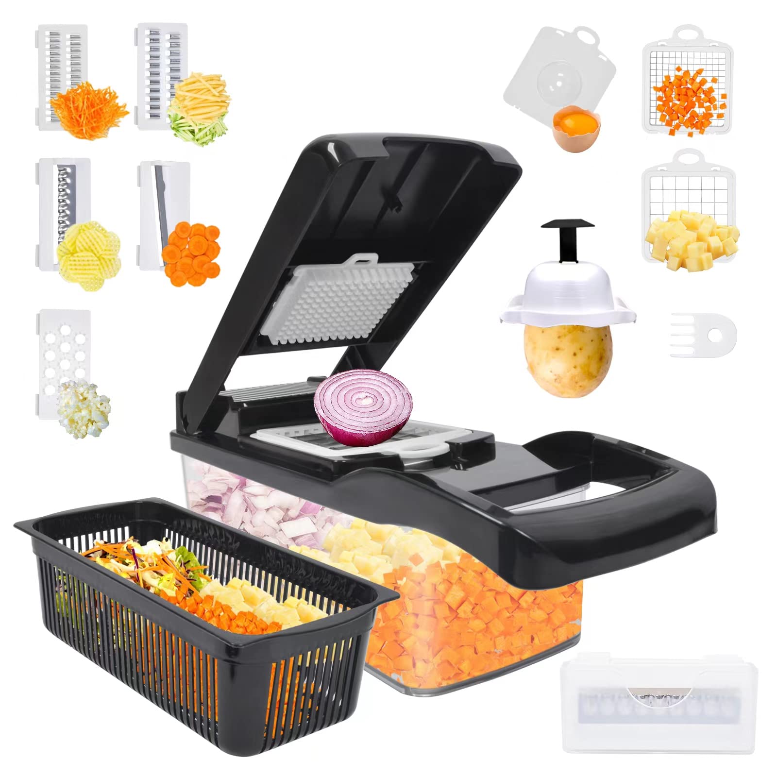 Vegetable Chopper,Onion Chopper,Multi-functional Food Slicer with Large Container,Black Adjustable Vegetable Cutter with draining basket Stainless steel blade,Safe Removable Blades for Easy Cleaning