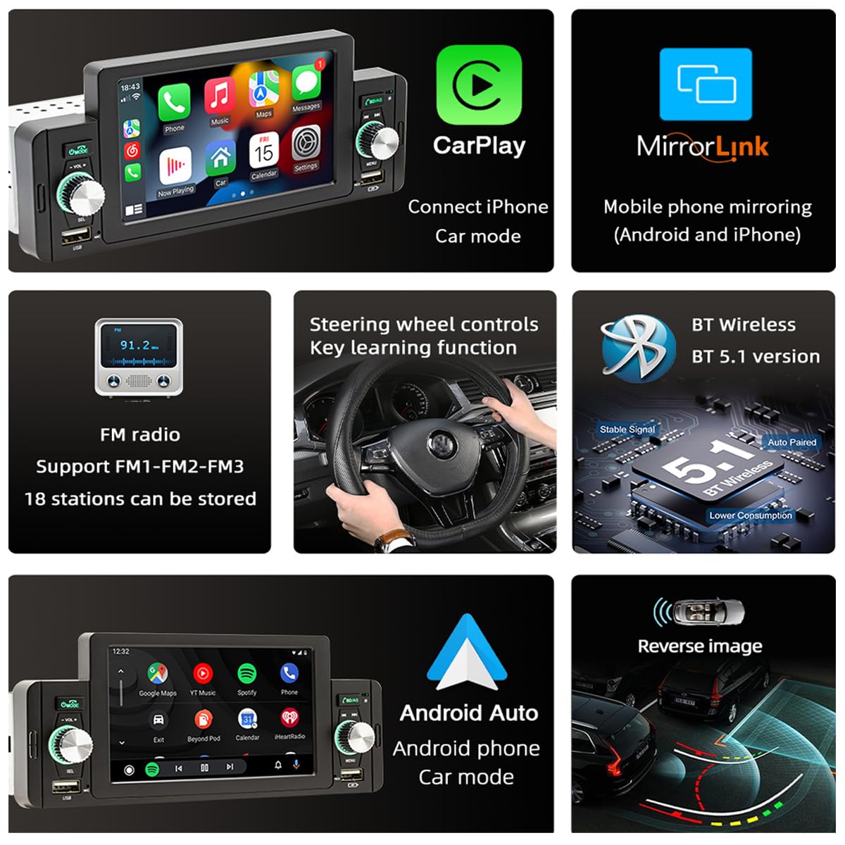 Single Din Car Stereo 5 Inch,for Apple Carplay & Android Auto Touchscreen Car Radio, with Mirror-Link,BT,FM,12 LED Backup Camera,USB Input Car Audio Video Playe