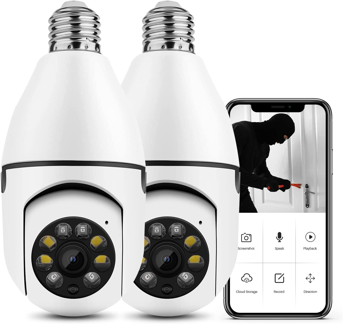 WE-Direct 1080P 360i¿ 1/2Rotate Auto Tracking Panoramic Camera Light Bulb Night Vision Wireless for WiFi PTZ IP Cam Remote Viewing Security E27 Interface Home Security Webcam Two Way Voice, Whitex2