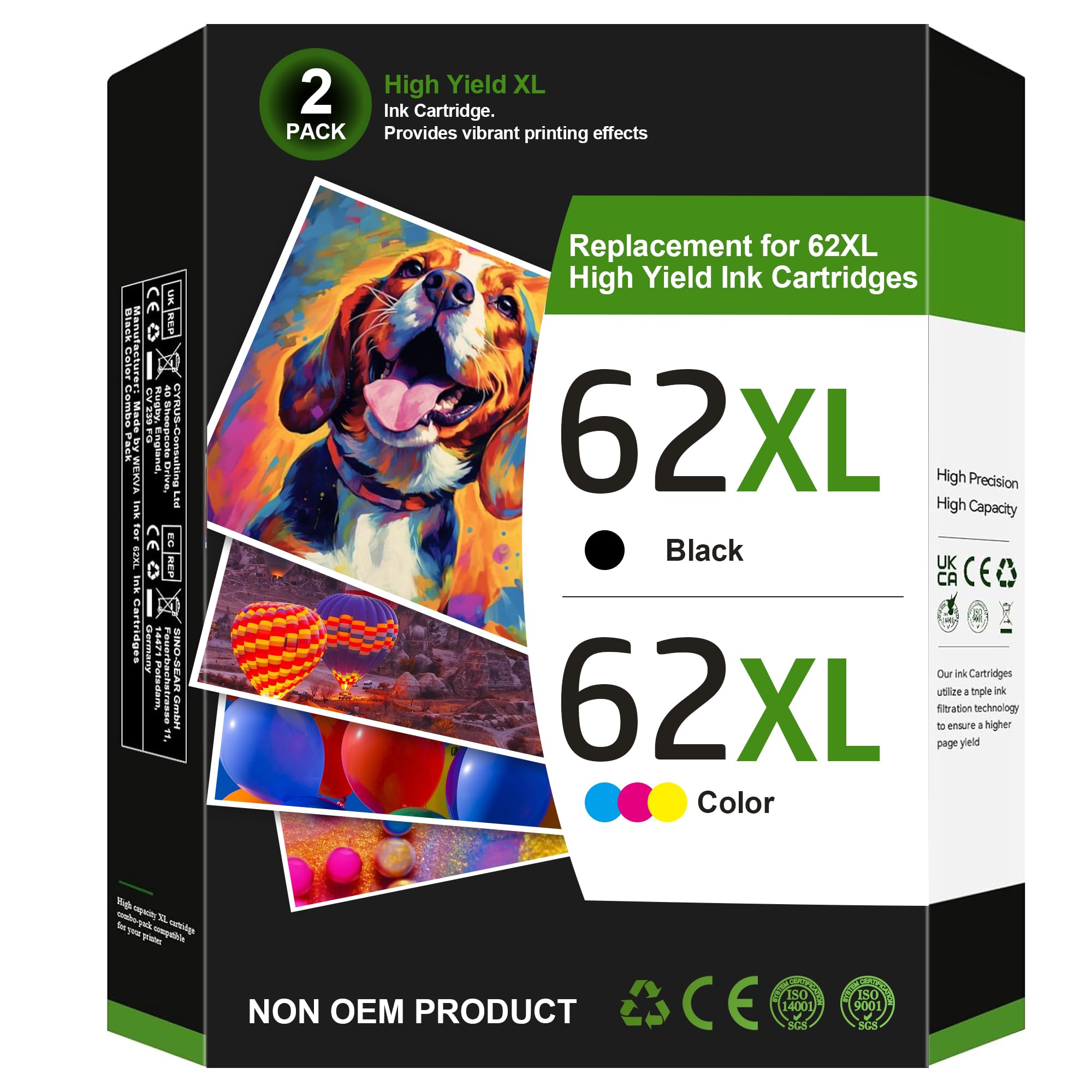 WEKVA Compatible Ink Cartridges Replacement for HP 62XL (Black and Tricolor, 2-Pack)