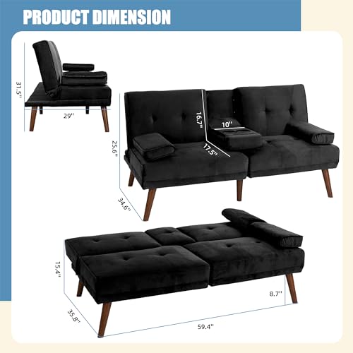 Shintenchi 60" Small Loveseat, 3 in 1 Cute Convertible Sofa Bed, Modern Futon Recliner Sleeper w/2 Cup Holder, Upholstered Folding Couch for Small Space, Black
