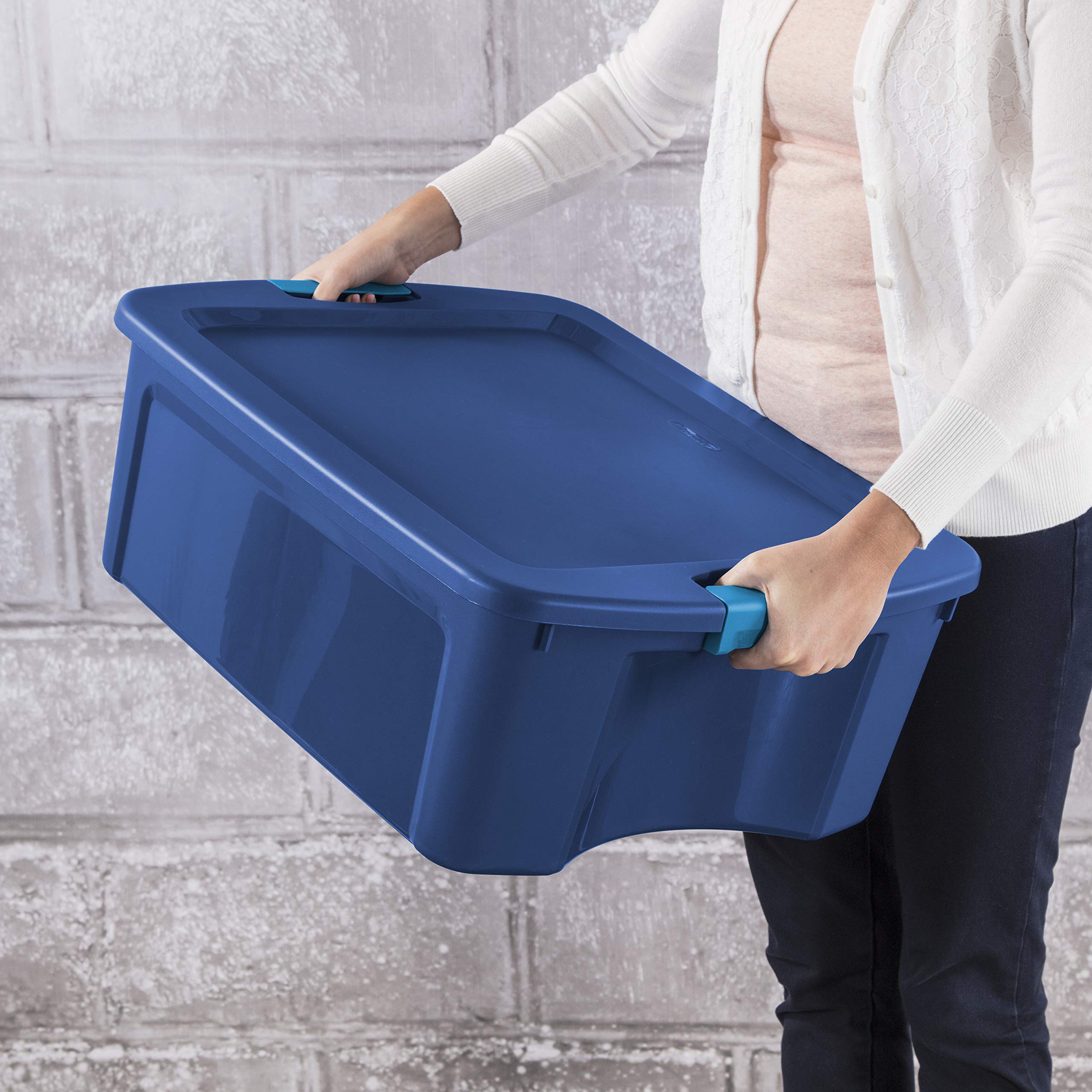 Sterilite 12 Gal Latch and Carry, Stackable Storage Bin with Latching Lid, Plastic Tote Container to Organize Closets, Blue with Blue Lid, 6-Pack