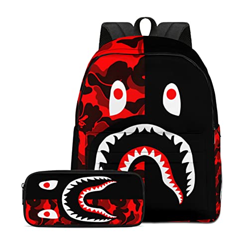 wzehkfo Shark Face Camo Backpack Set 2Pcs Backpack Laptop Lightweight Classic Travel Daypack