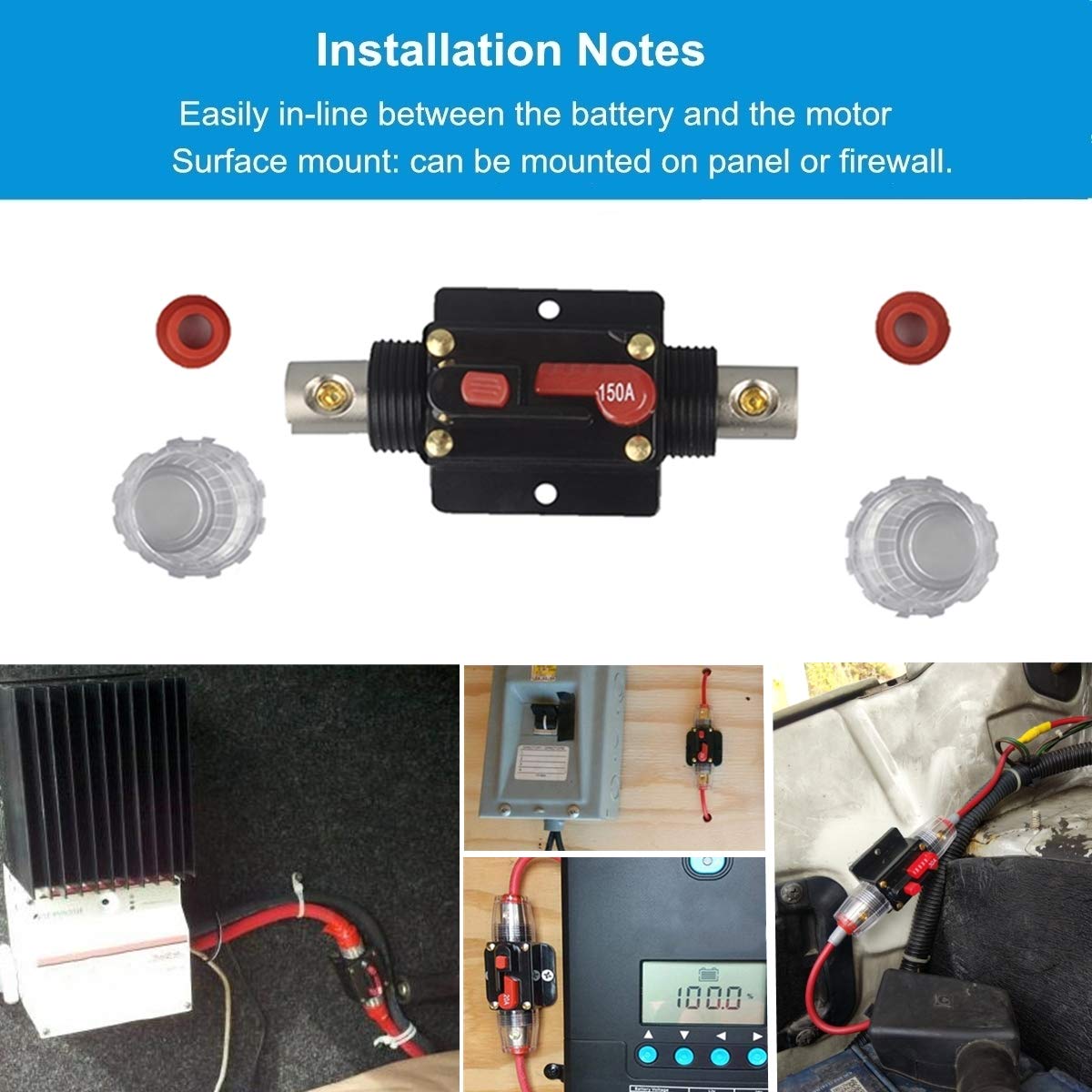 WOHHOM 100A/150A Audio Circuit Breaker Auto Car Stereo Inline Fuse Holders Inverter, Manual Reset 12V-24V DC for Automotive Marine Boat Audio System Protection (150A)