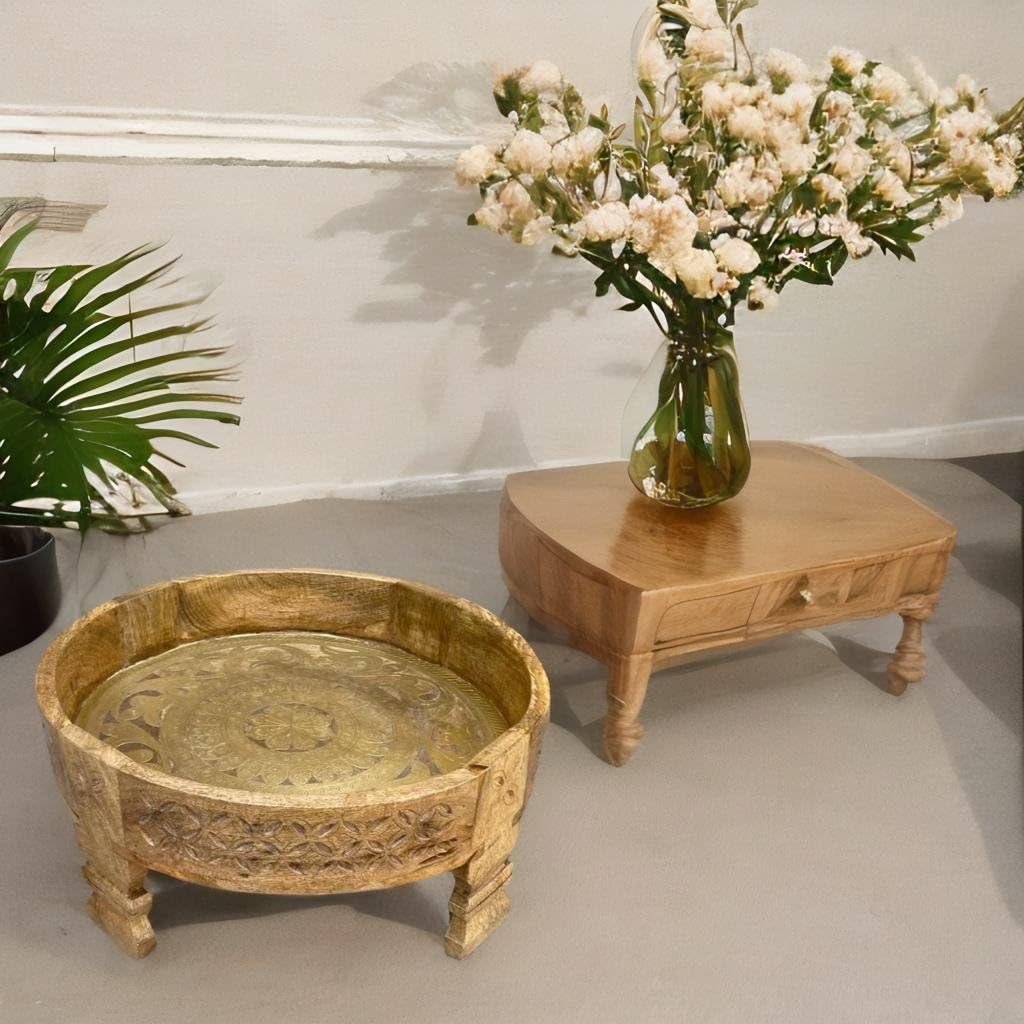 Solid Wood Chakki Table In Floral Pattern Carving, Brass Fitted Grinder Table, Living-room Side Table/Lamp Table/Nightstand Table (45x45x20 Cm)