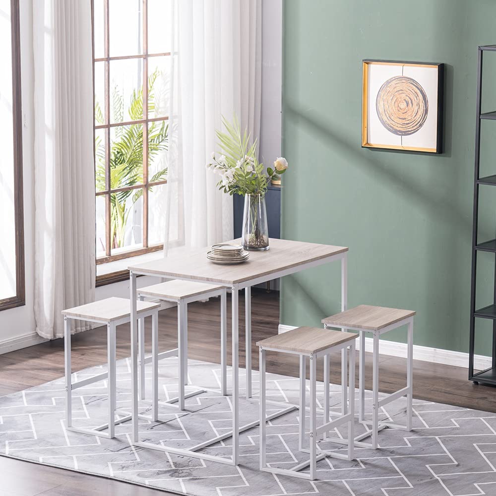 WFHTU Dining Table Set (100 x 60 x 87) cm Oak Simple 87cm High Bar Table and Chairs Set of 5 PVC Paper Lacquered White Matte White