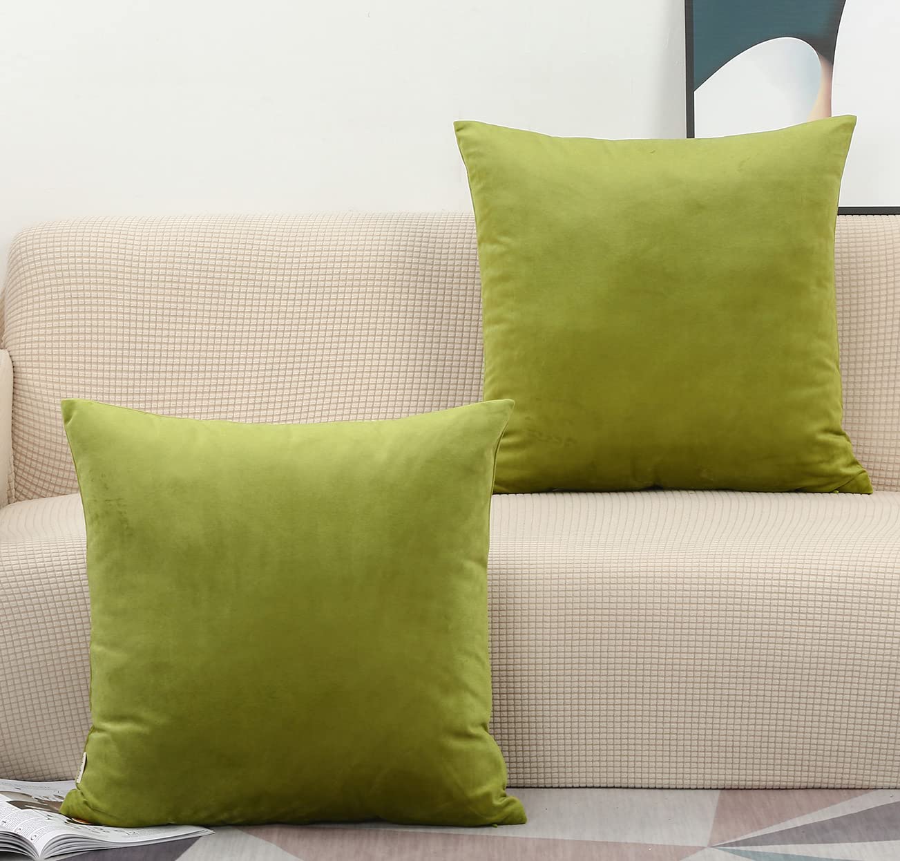 TangDepot Set of 2 Velvet Throw Pillow Covers, Super Soft, Euro Pillowcases - (24x24 Inch 2 Pieces, G01 Olive Green)
