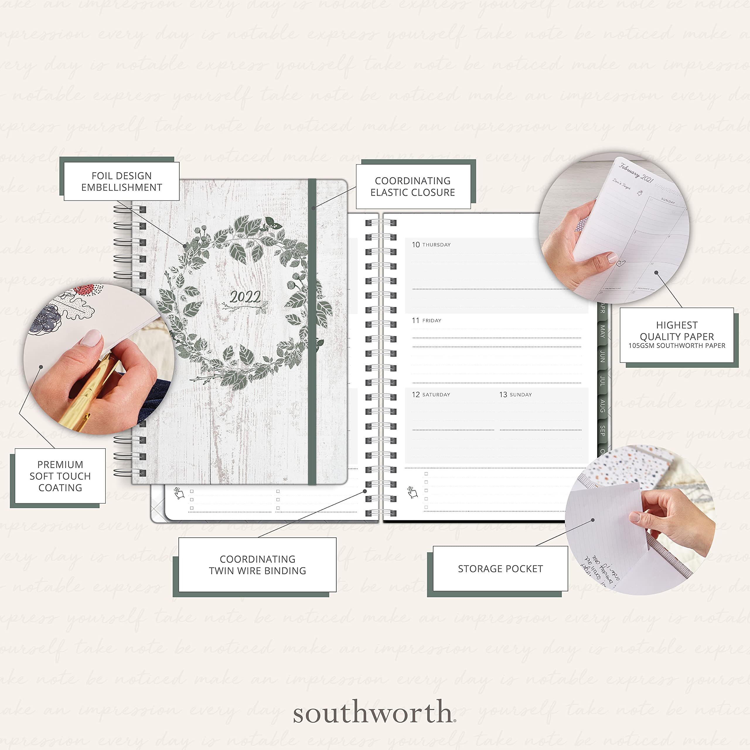 Southworth Planner (January 2022-December 2022), 8.5" x 11", Modern Stone Sunburst, Premium 28#/105 gsm Paper, Large Twin Wire (81030)