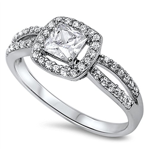 Simulated Princess Cut White CZ Halo Wedding Ring New .925 Sterling Silver Band Size 7